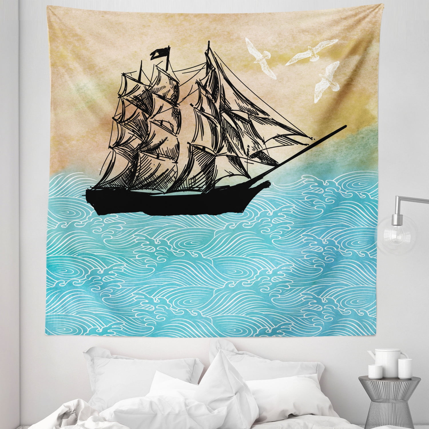 Nautical Tapestry, Vintage Sketch of a Big Ship on Abstract Wavy Sea ...