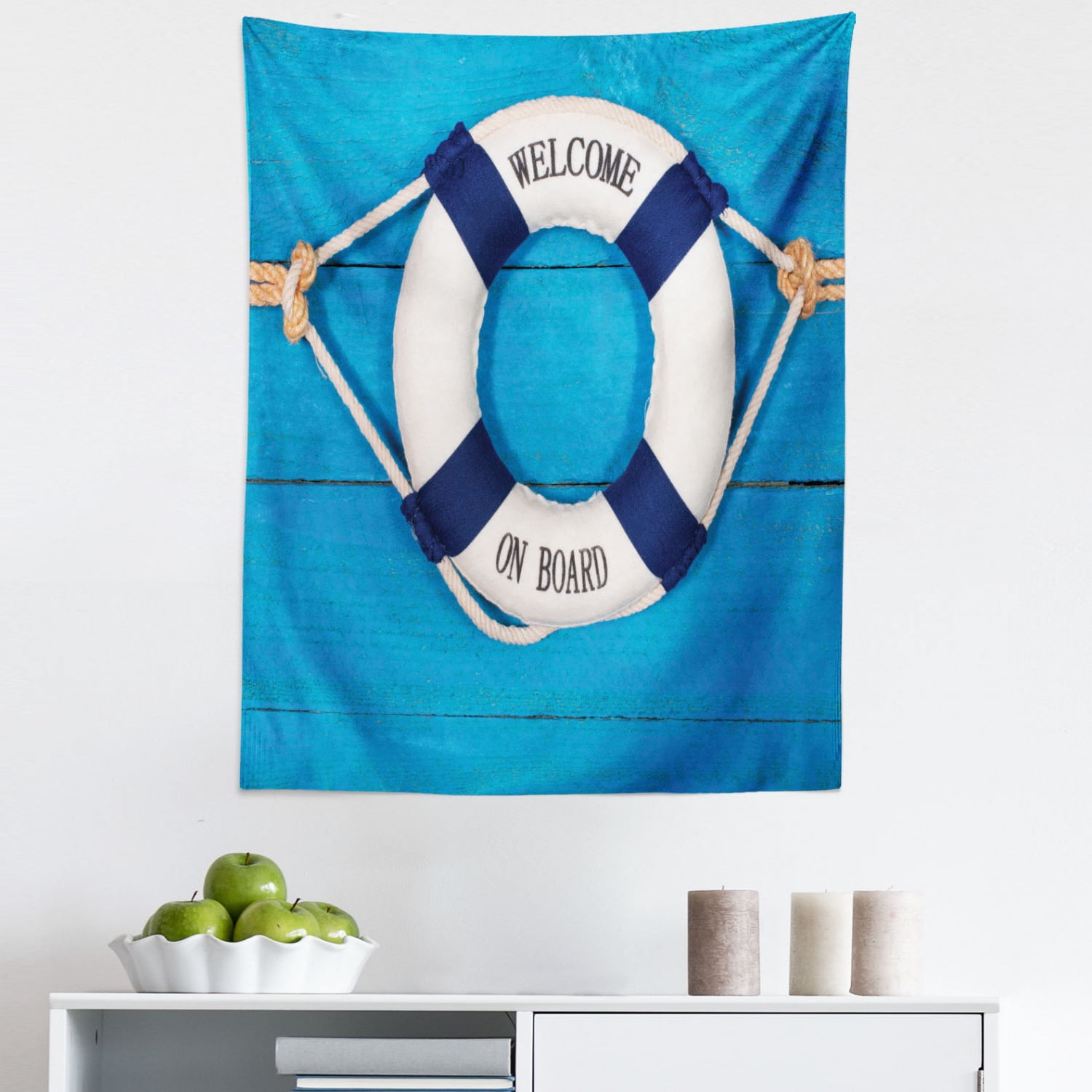 Nautical Tapestry, Welcome on Board Sign on Painted Timber Wall ...