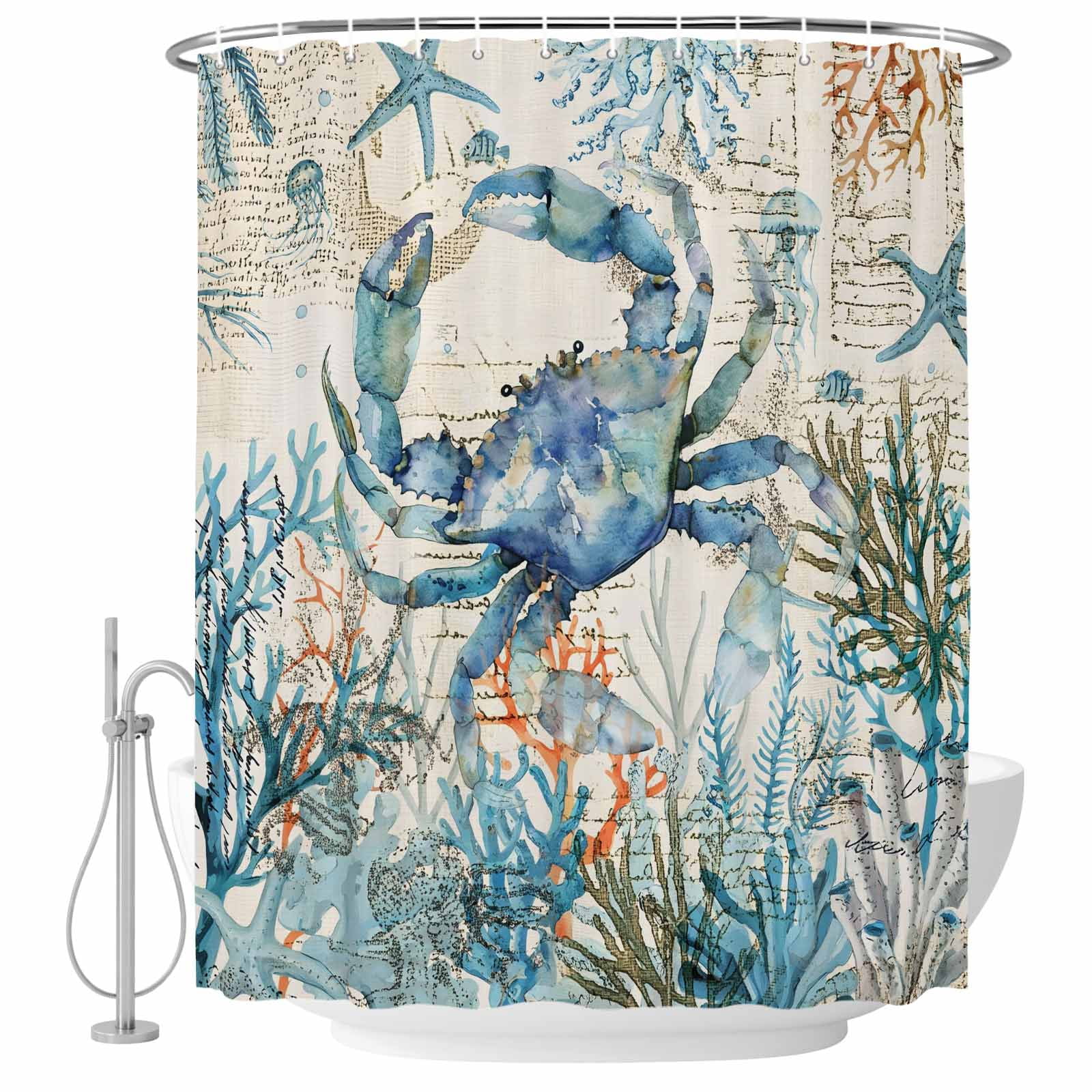 Nautical Teal Bathroom Shower Curtains with Hooks, Crab Ocean Coral ...