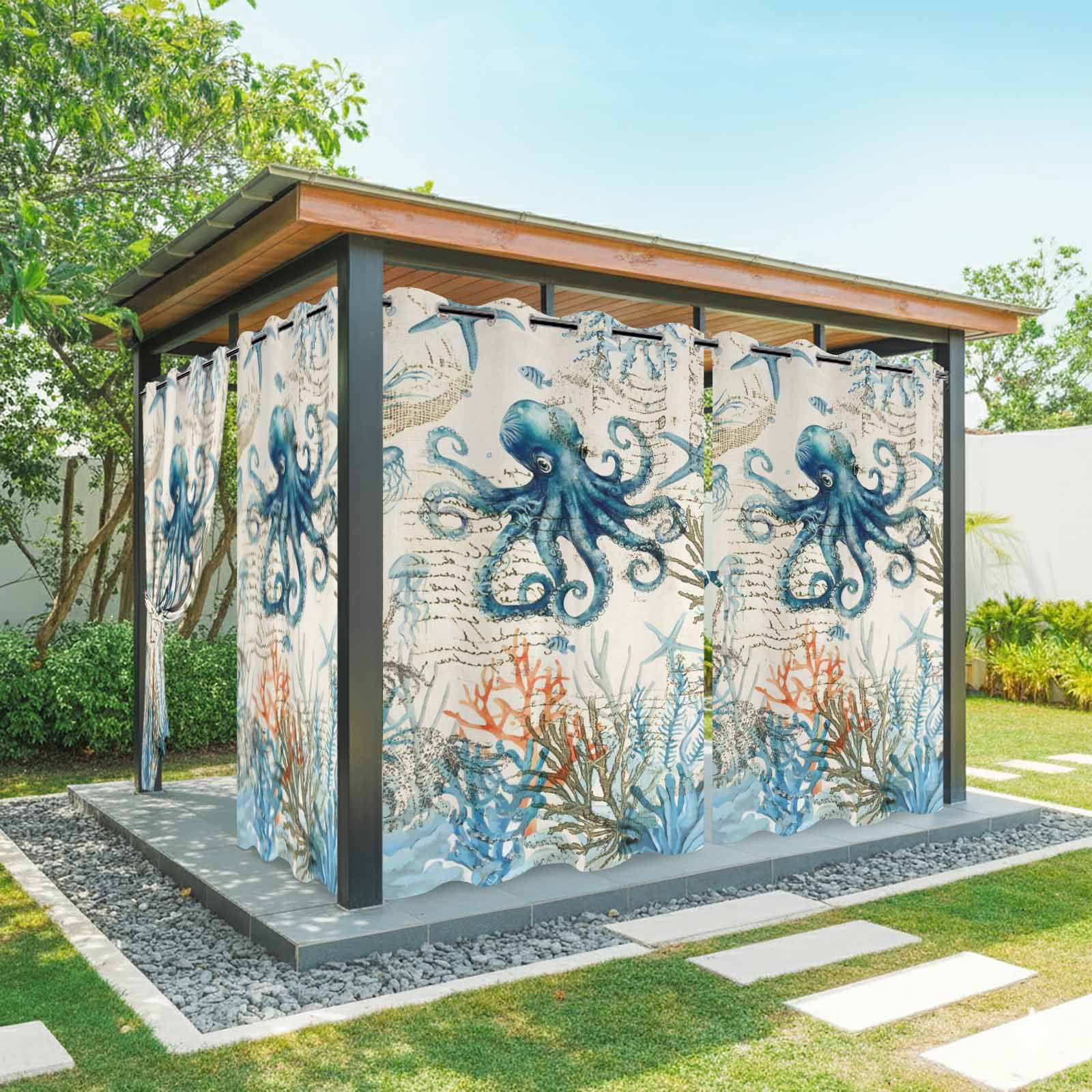 Nautical Teal Outdoor Curtains for Patio Waterproof, Octopus Ocean ...