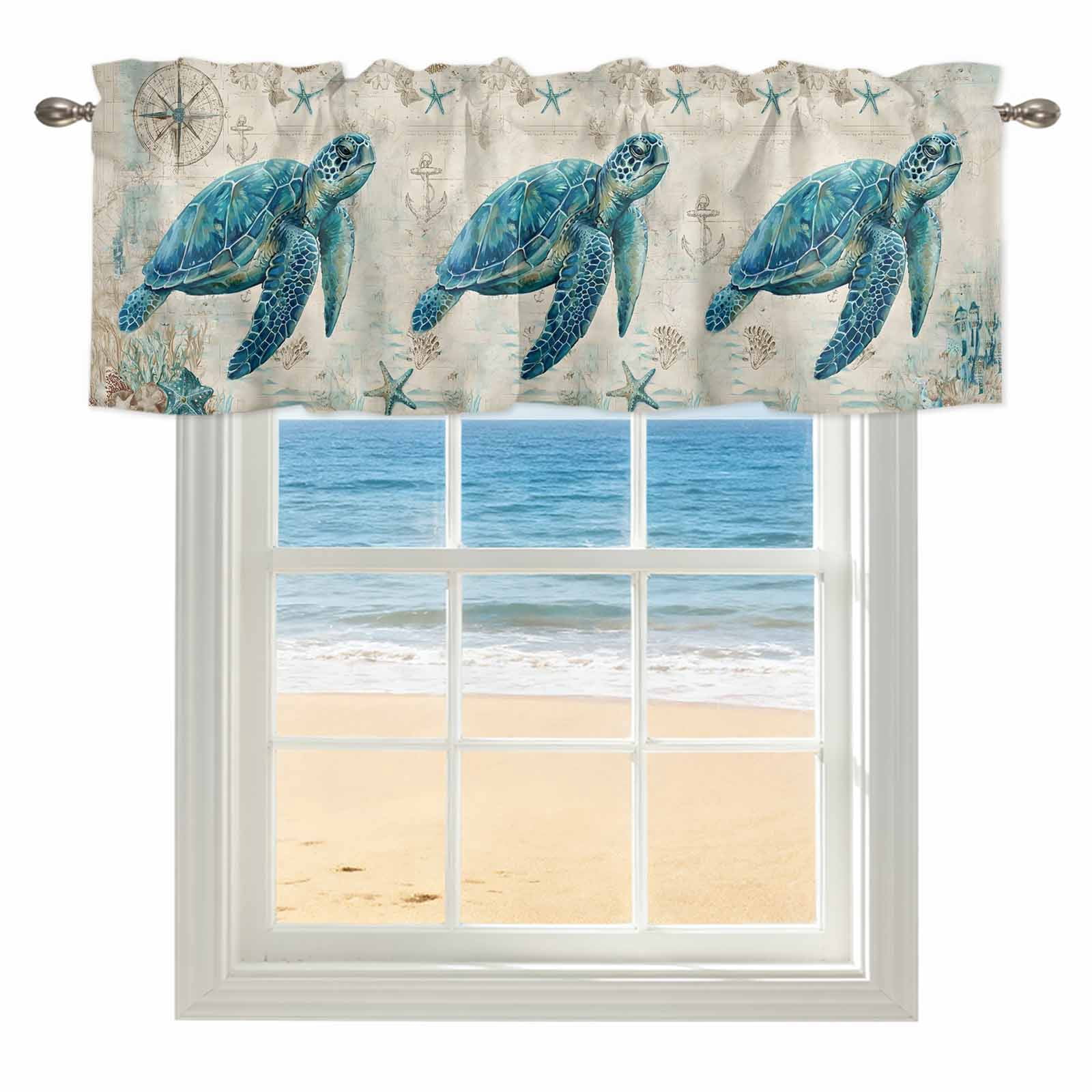Nautical Teal Sea Turtles Window Valance for Kitchen, Corals Compass ...