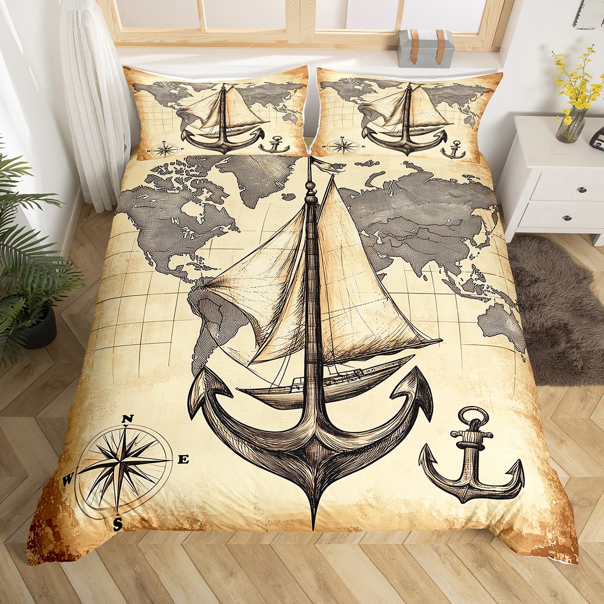 Nautical Theme Comforter Cover Full Size,Anchor Compass Bedding Set ...