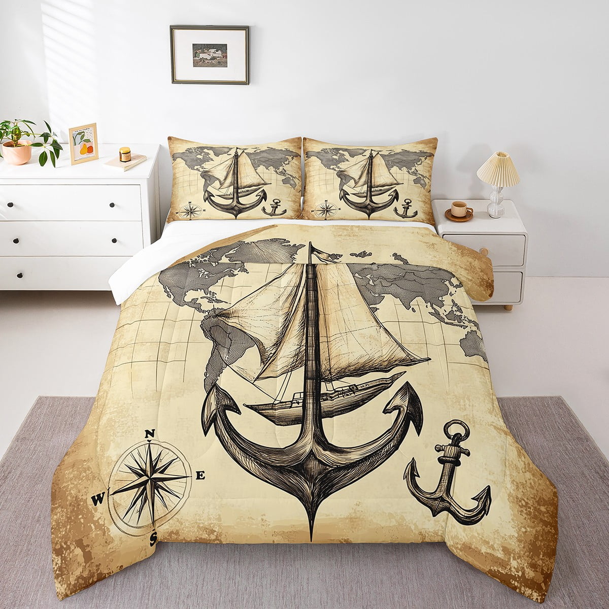 Nautical Theme Comforter Set Twin Size,Anchor Compass Bedding Set Retro ...