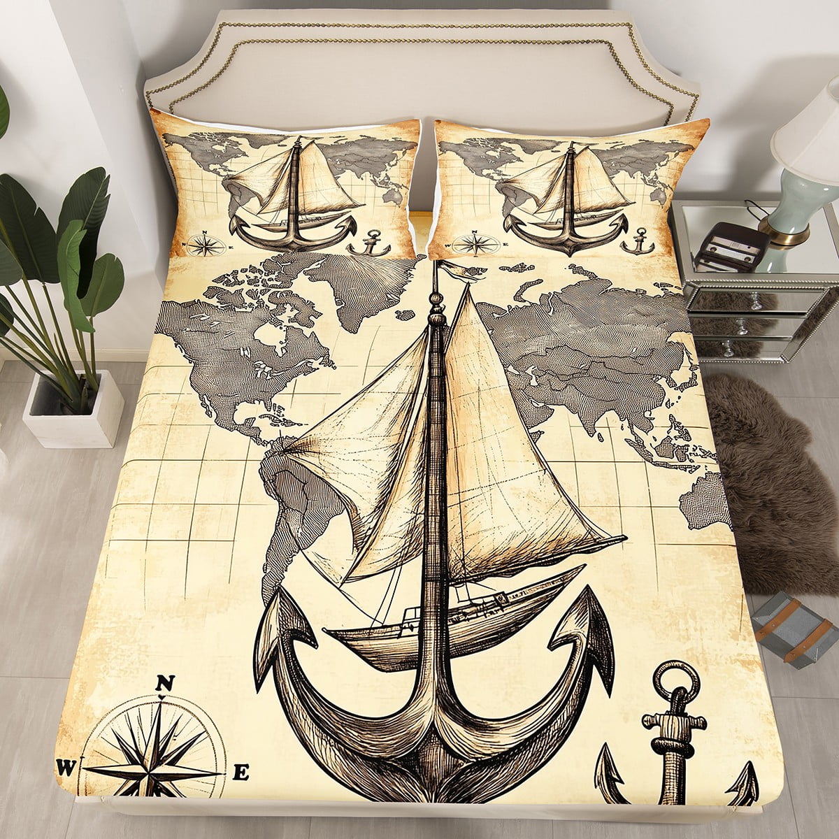 Nautical Theme Fitted Sheet Twin Size,Anchor Compass Bedding Set Retro Ocean Ship Bed Sheets ...