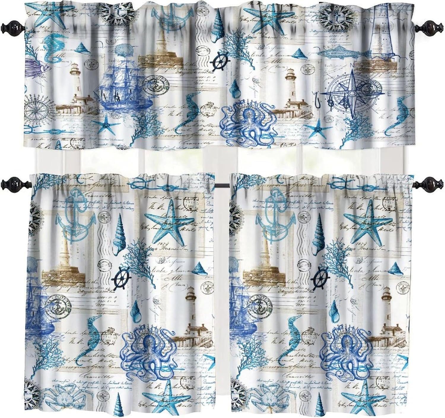 Nautical Theme Retro Kitchen Curtain Tier and Valance Set Lighthouse ...