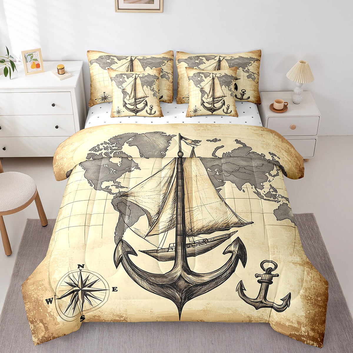 Nautical Theme Twin Comforter Set 7 Piece,Anchor Compass Bedding Set Retro Ocean Ship Bed In A ...