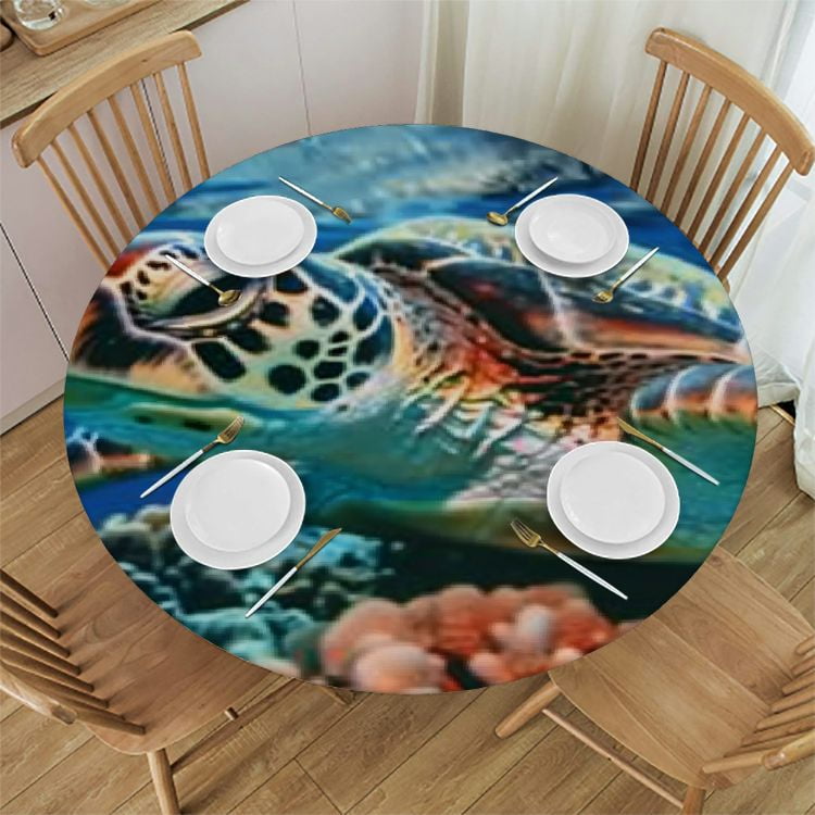 Nautical-Themed Fitted Tablecloth with Underwater Turtle Design - Coral ...