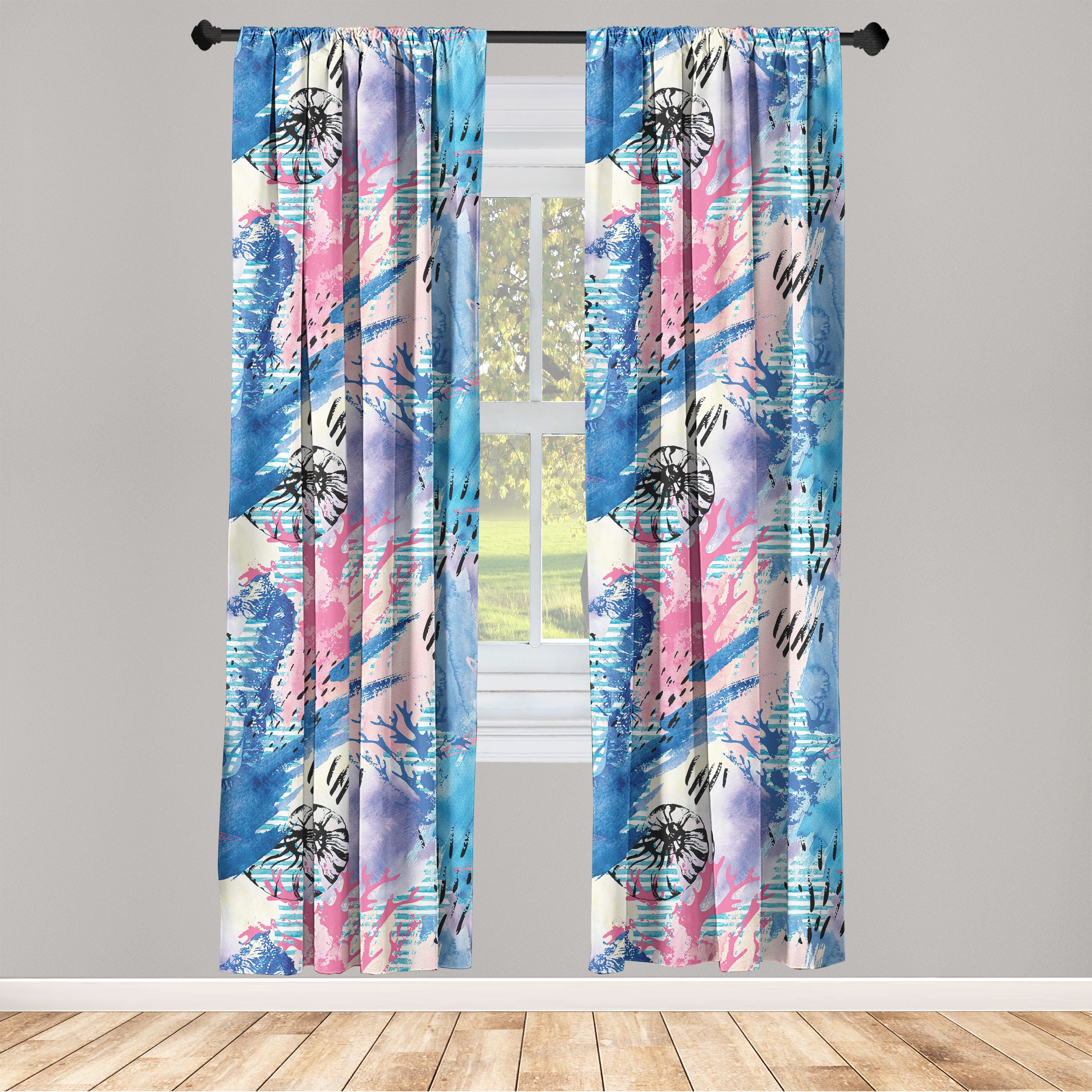 Nautical Themed Window Curtains, Abstract Grunge Seashells and Seahorse ...