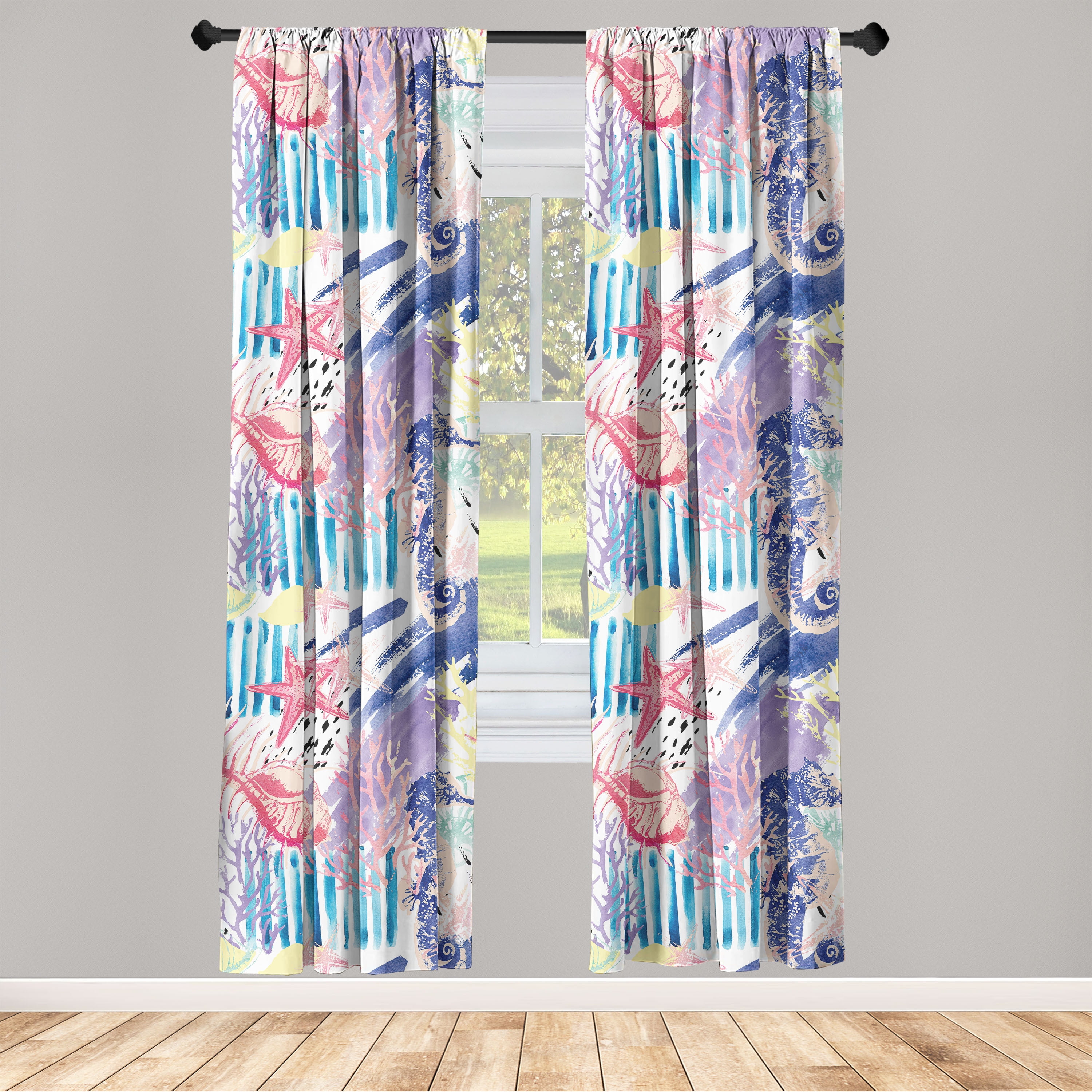 Nautical Themed Window Curtains, Modern Seahorse and Seashell Drawing ...