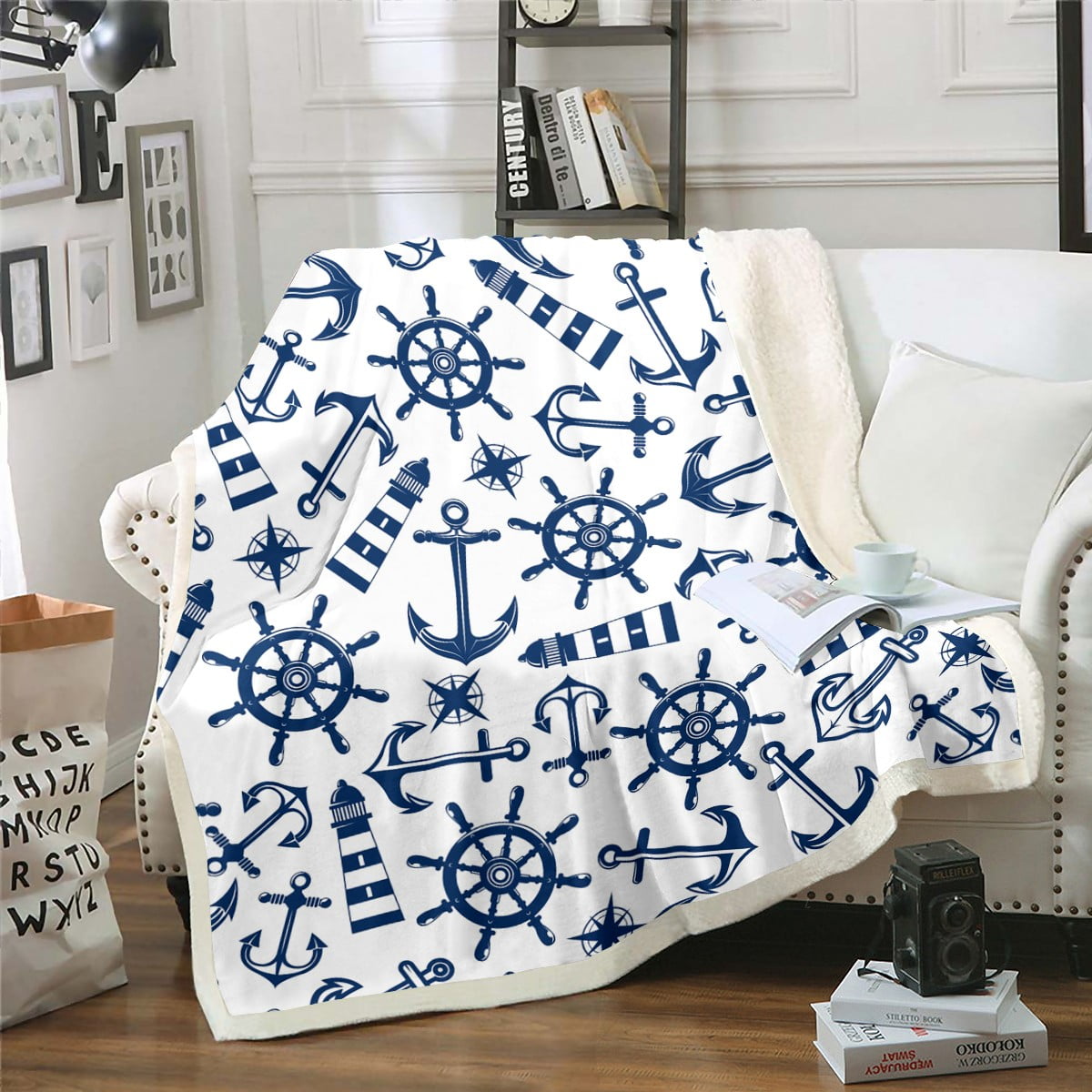 Nautical Throw Blanket Boat Anchor Blanket 90"x90" ,Steering Wheel ...