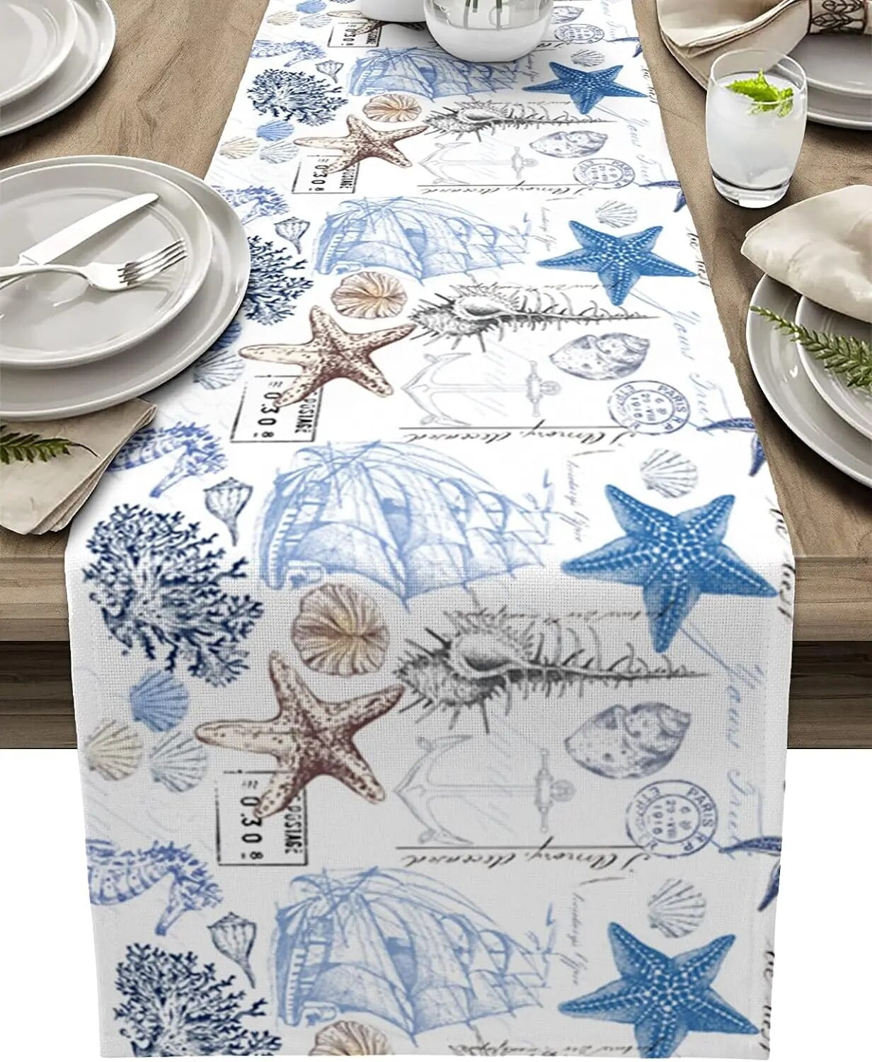 Nautical Undersea Shell StarCoral Hippocampus Linen Table Runner ...