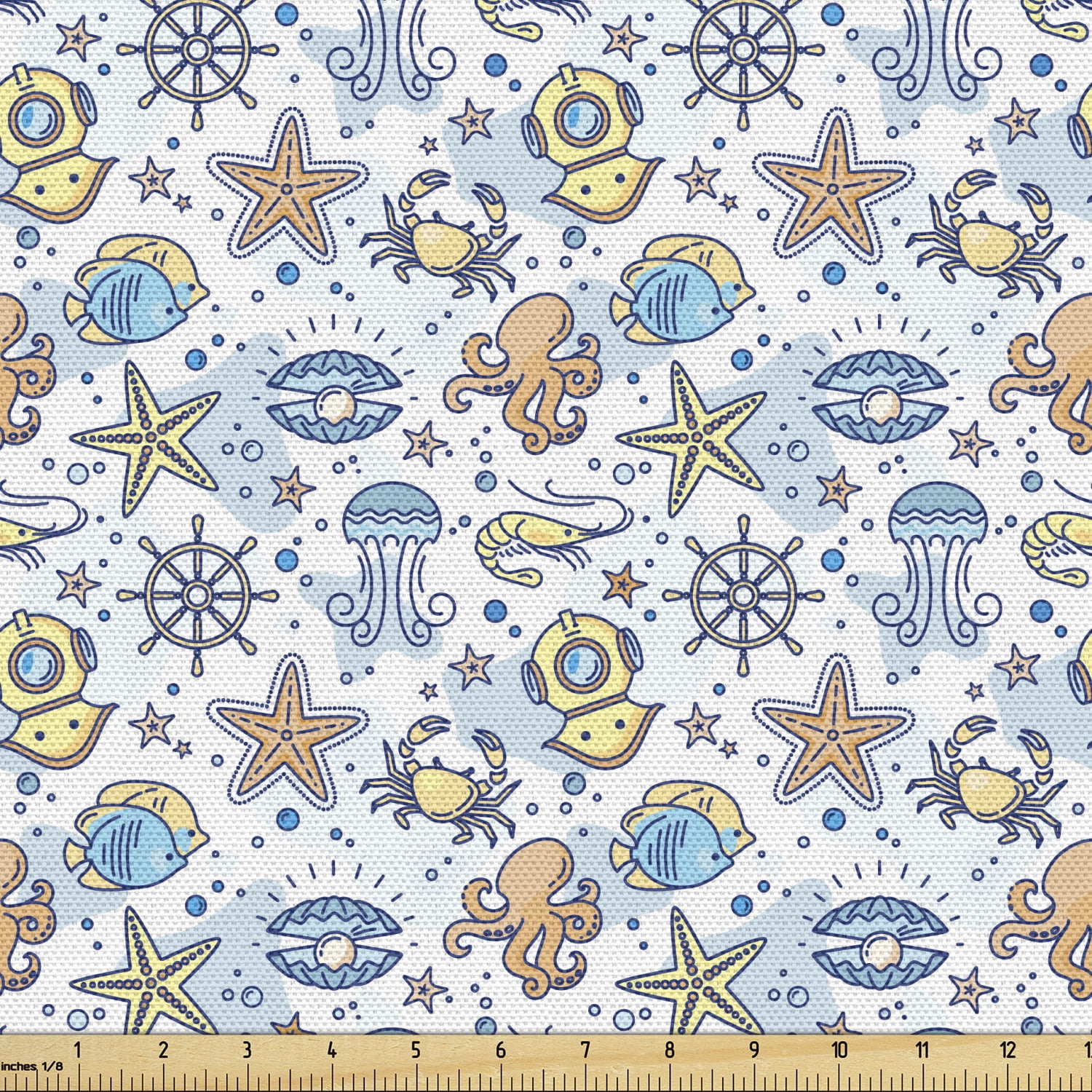 Ambesonne Nautical Fabric by the Yard Upholstery, Oceanic Elements ...