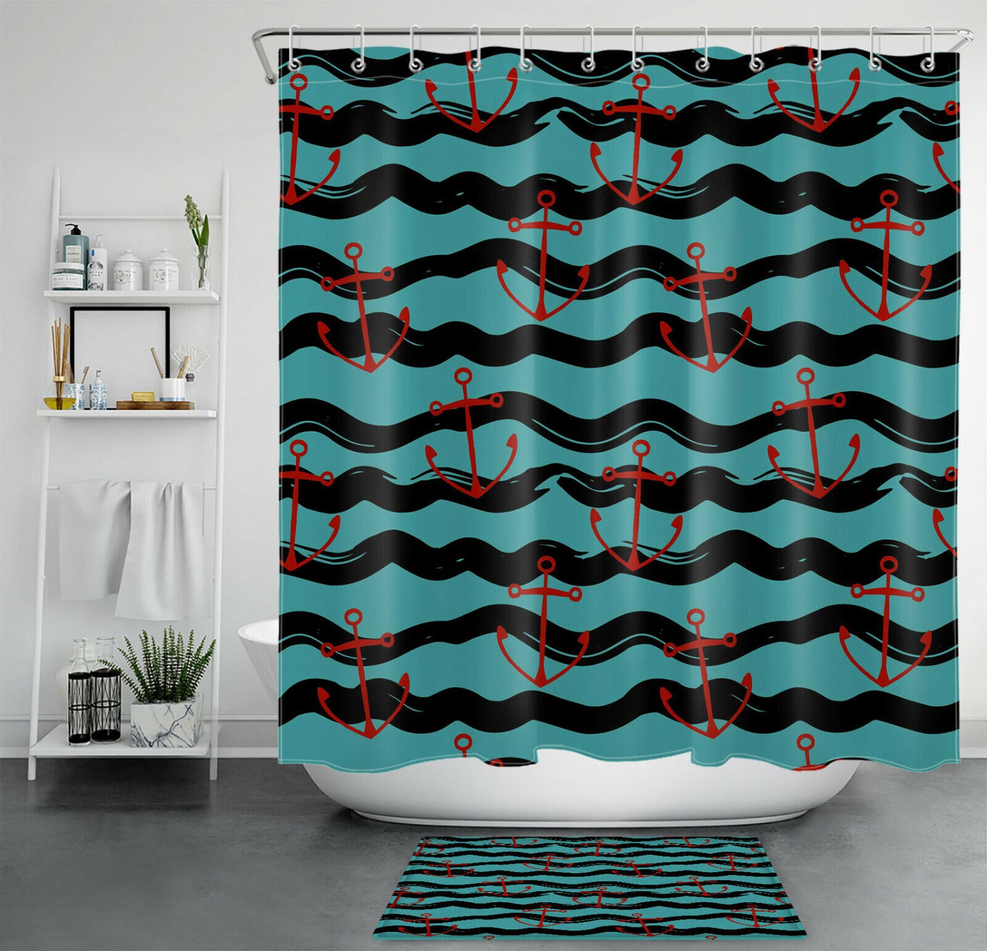 Nautical Vibes Abstract Ocean Waves Shower Curtain Set With Red Anchor