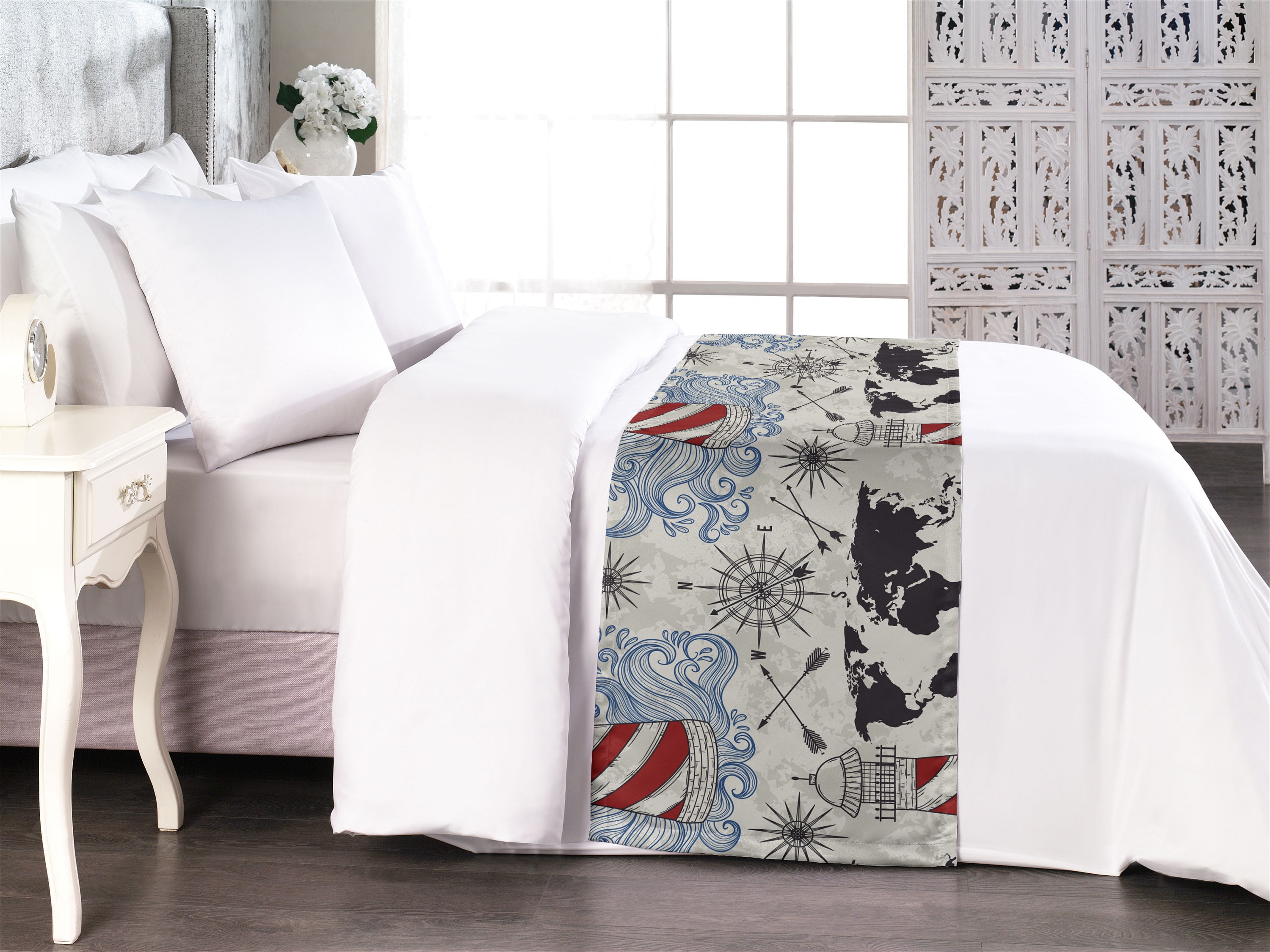 Nautical Vibes Bed Runner, Adventure Feel Lighthouse Compass World Map ...