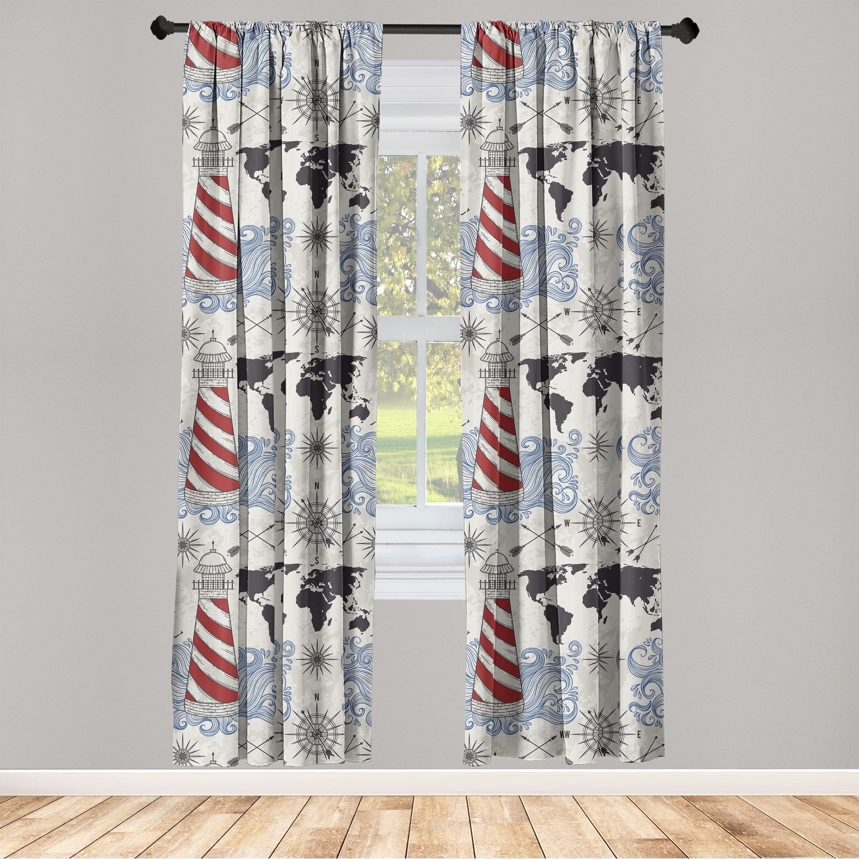 Nautical Vibes Window Curtains, Adventure Feel Lighthouse Compass World ...