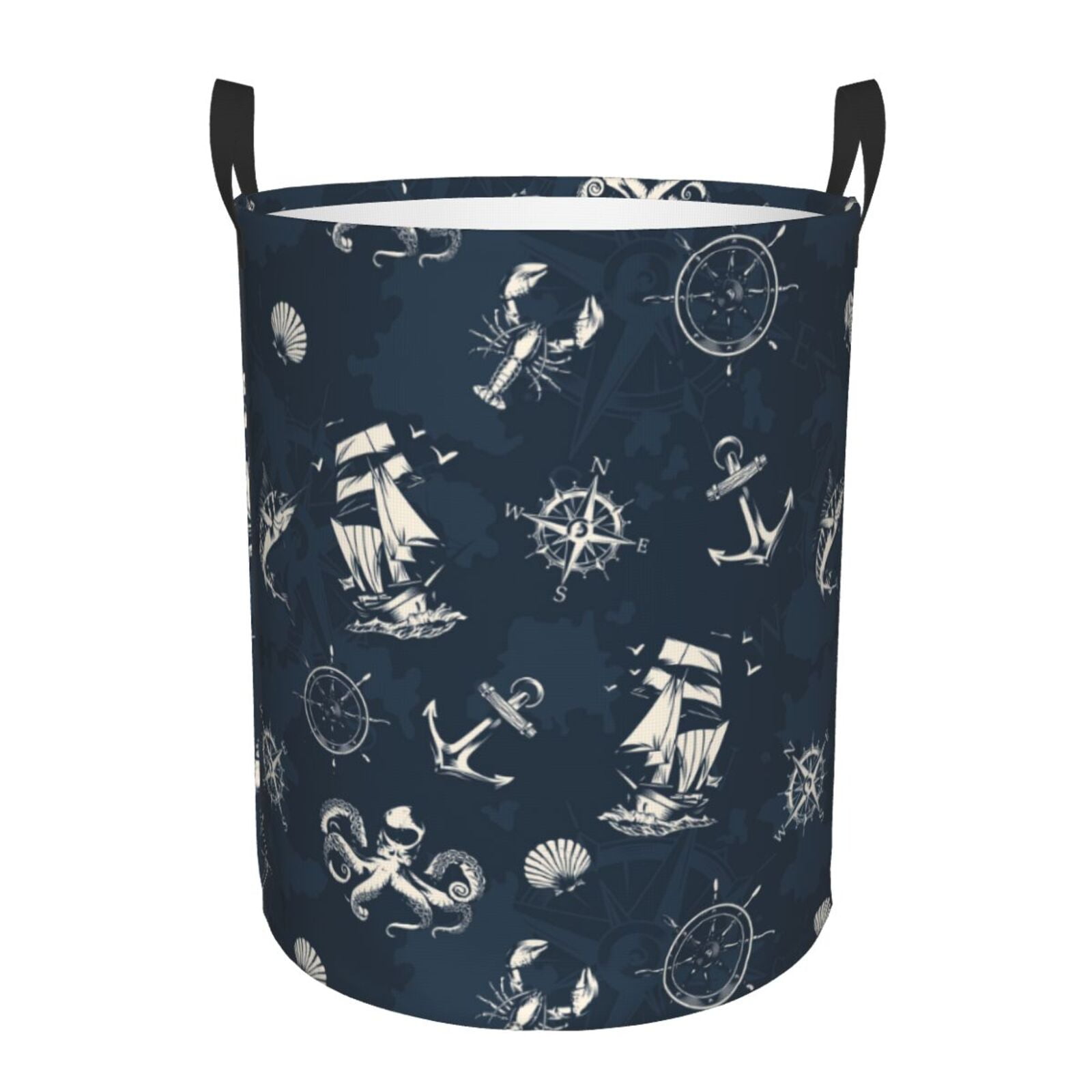 Nautical Vintage Pattern Round Laundry Basket, Laundry Hamper with ...