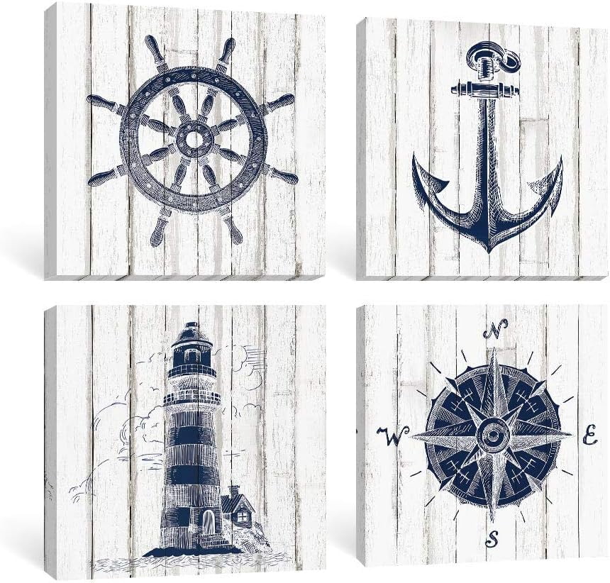 Nautical Wall Art Beach Home Decor Boat Anchor Paintings Helm Drawing ...