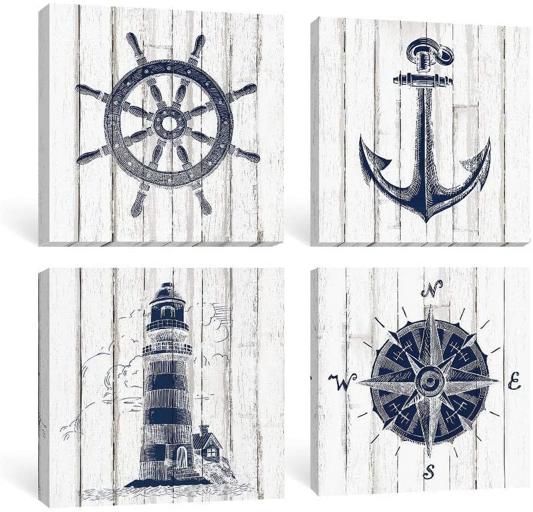 Nautical Wall Art Beach Home Decor Boat Anchor Paintings Helm Drawing ...