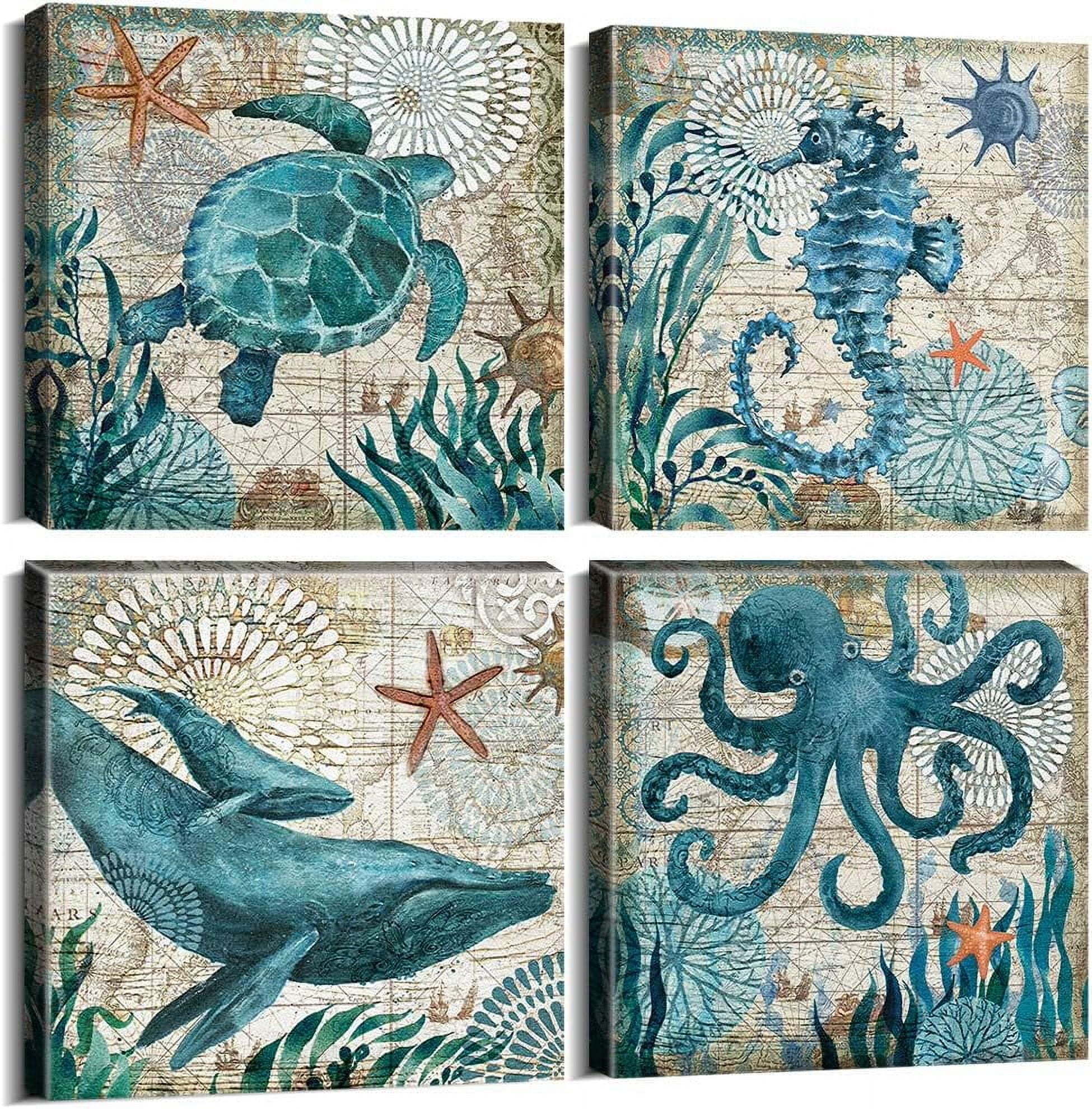 Nautical Wall Art Decor 4 Piece Ocean Animal Wall Art Beach Canvas ...