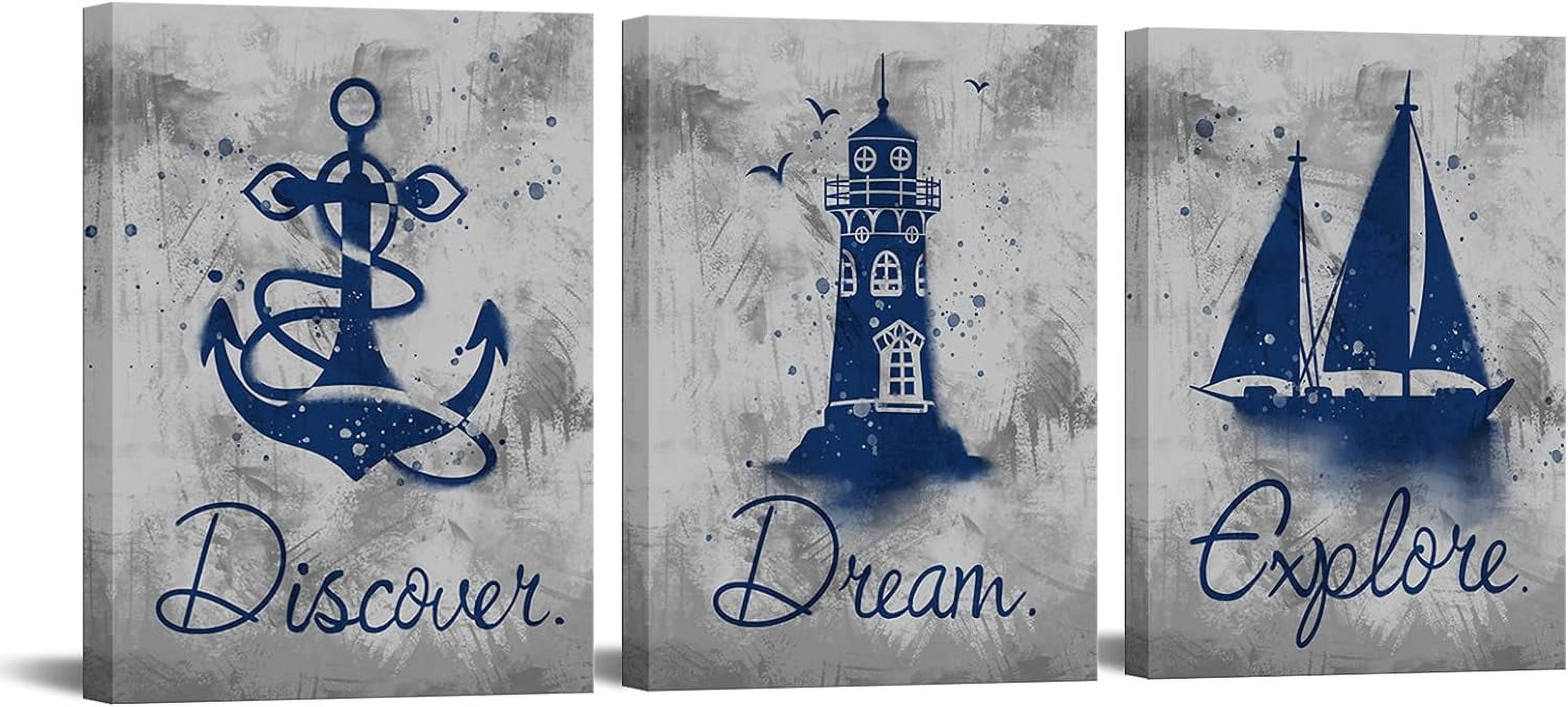 Nautical Wall Art Navy Blue Ocean Theme Canvas Picture Lighthouse ...