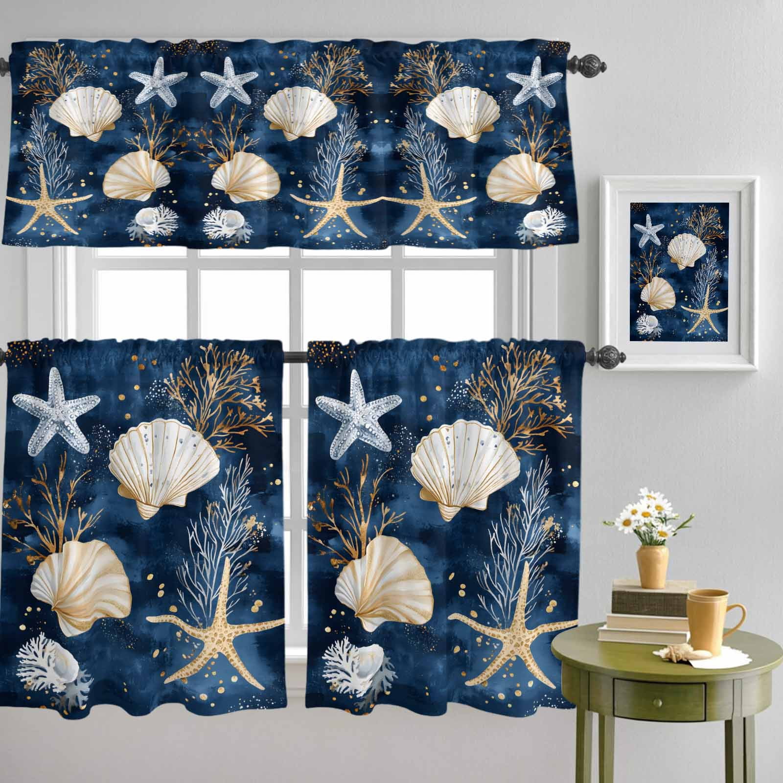 Nautical Watercolor Seashell Starfish Curtain Tier and Valance Set 3 ...