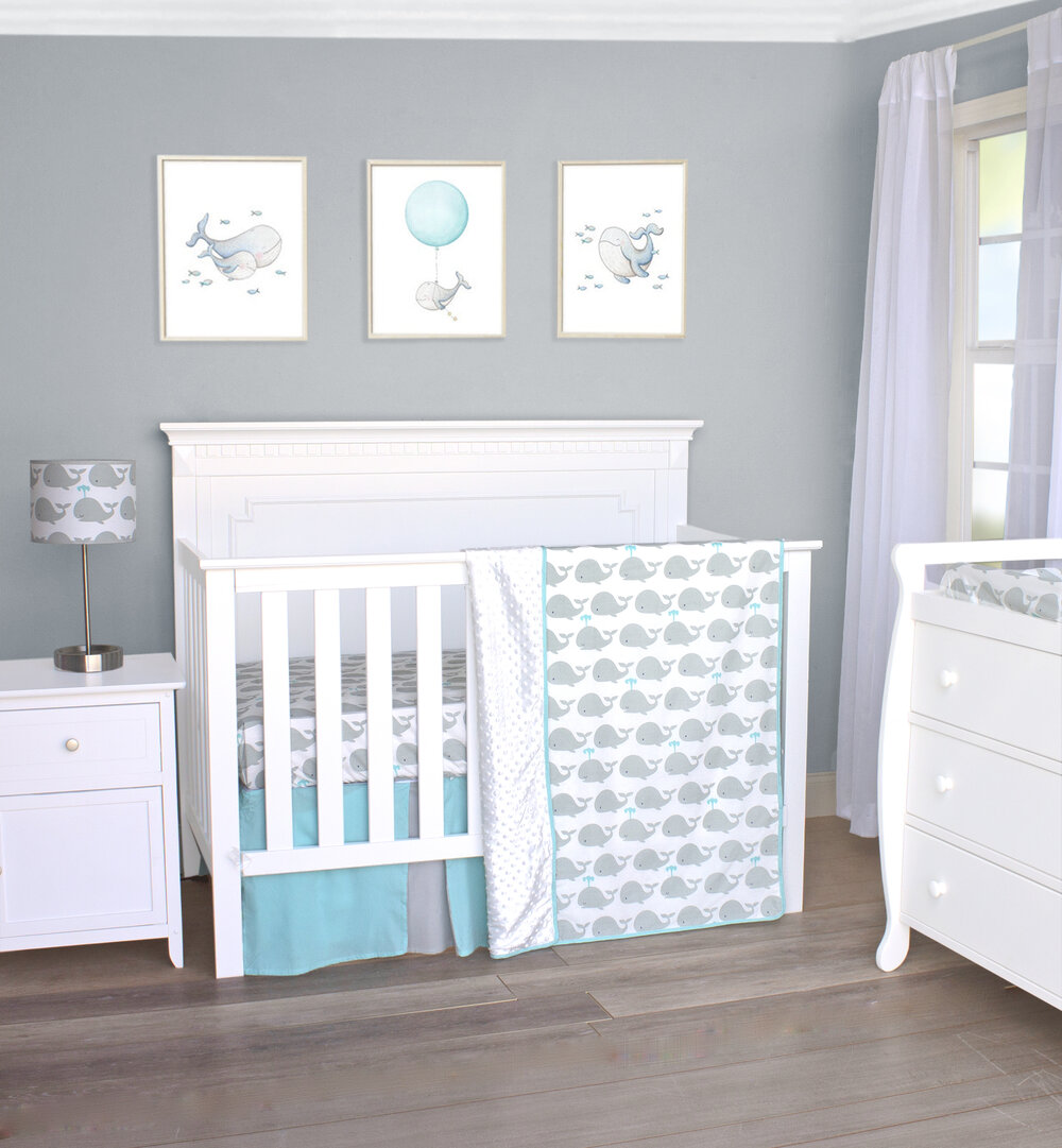 Nautical Whale Aqua Blue and White 3 Piece Newborn Crib Bedding Set by ...