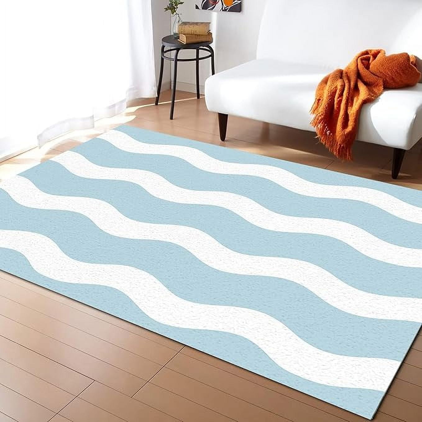 Nautical White Blue Wave Pattern Area Rug, Blue Ocean Wave Striped ...