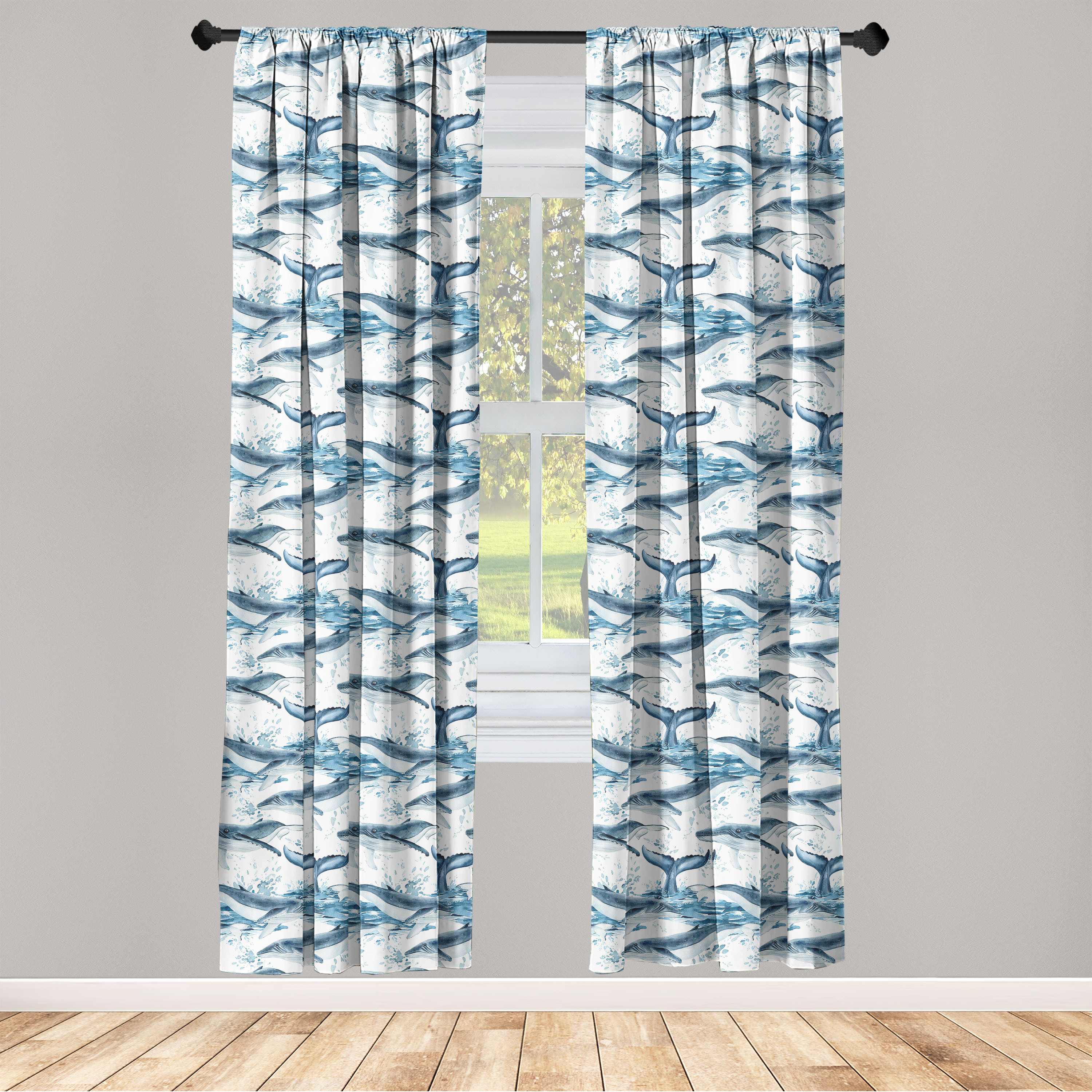 Nautical Window Curtains, Digital Drawn Whale Pattern With Ocean Waves ...