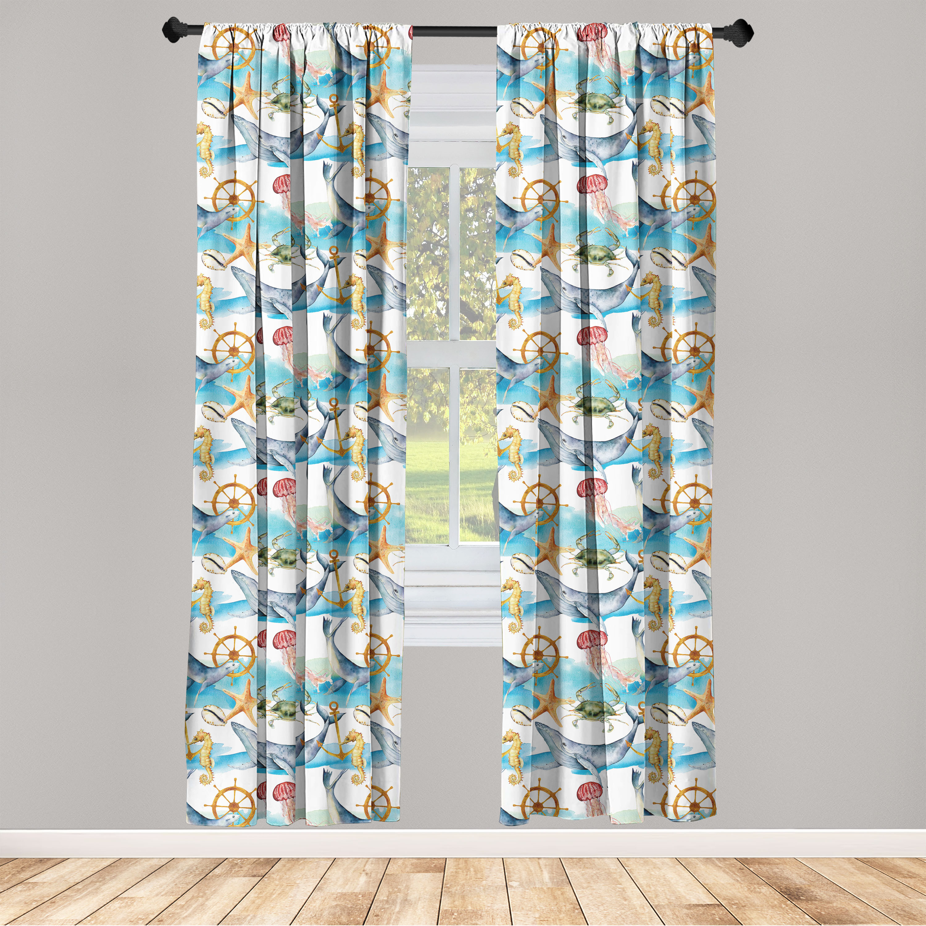 Nautical Window Curtains, Ocean Animals Themed Whale Starfish Seafish ...