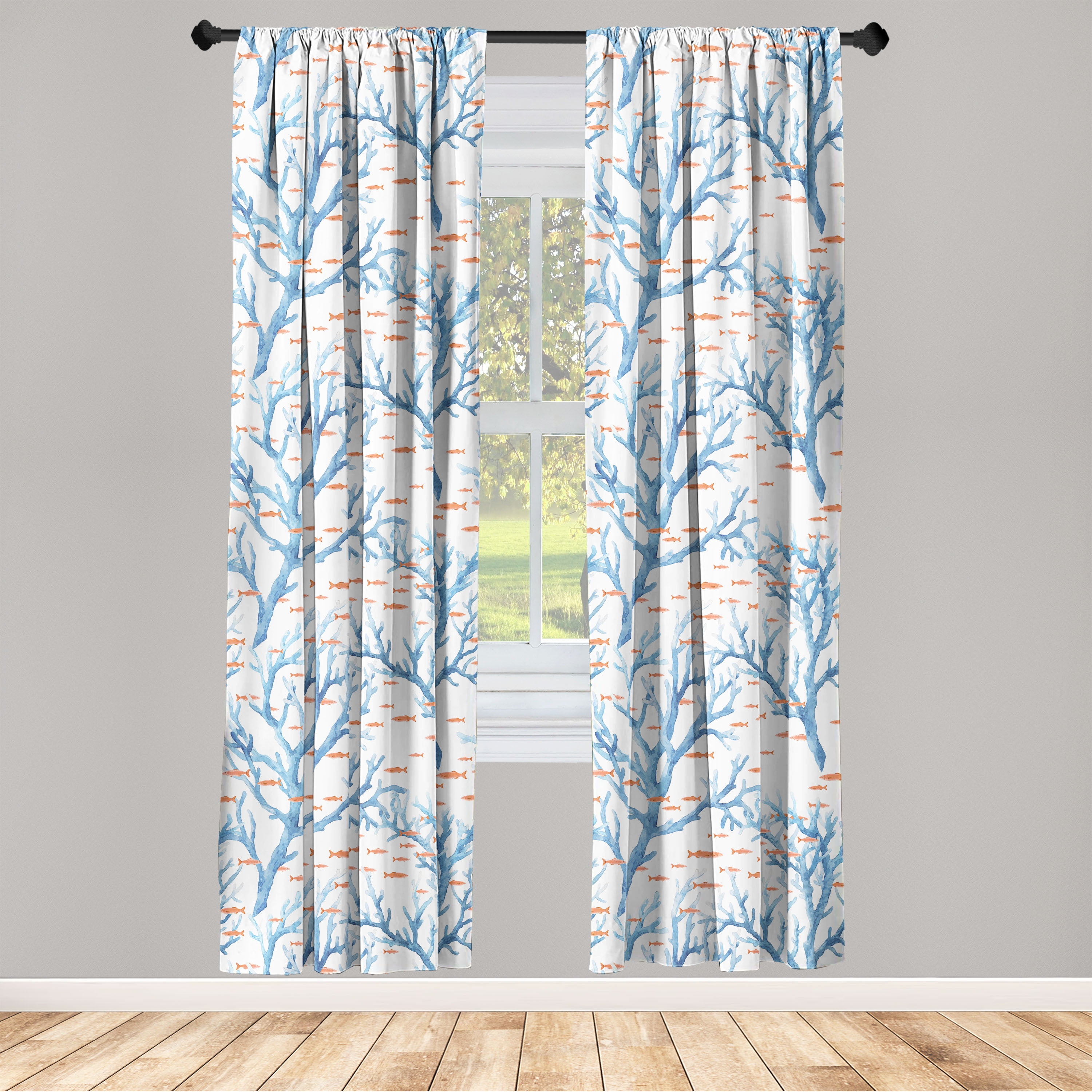 Nautical Window Curtains, Simplistic Style Minimalist Fishes Corals ...