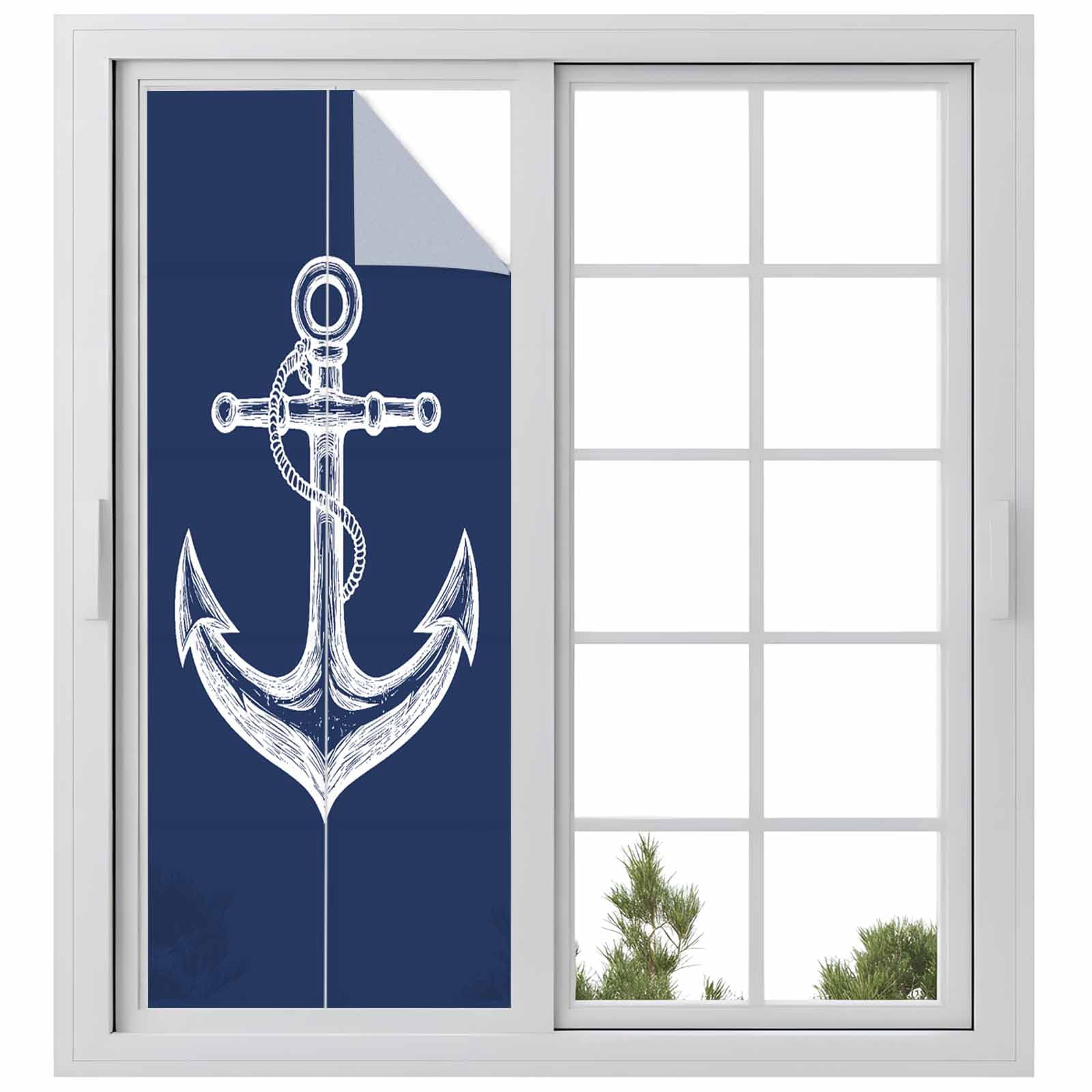 Nautical Window Privacy Film Anchor Rope Coastal Navy Blue Minimalist ...