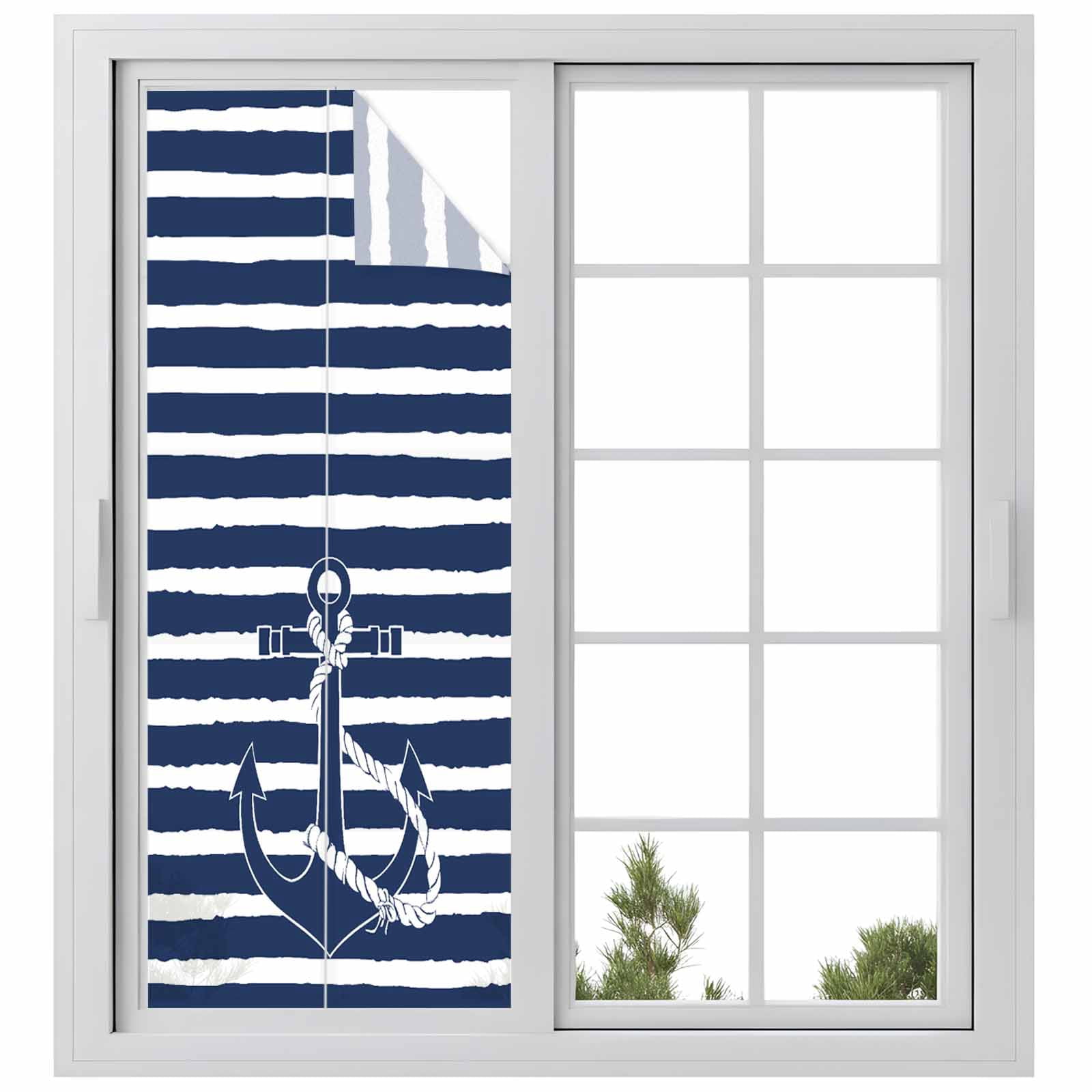 Nautical Window Privacy Film Navy Blue and White Striped Retro Anchor ...