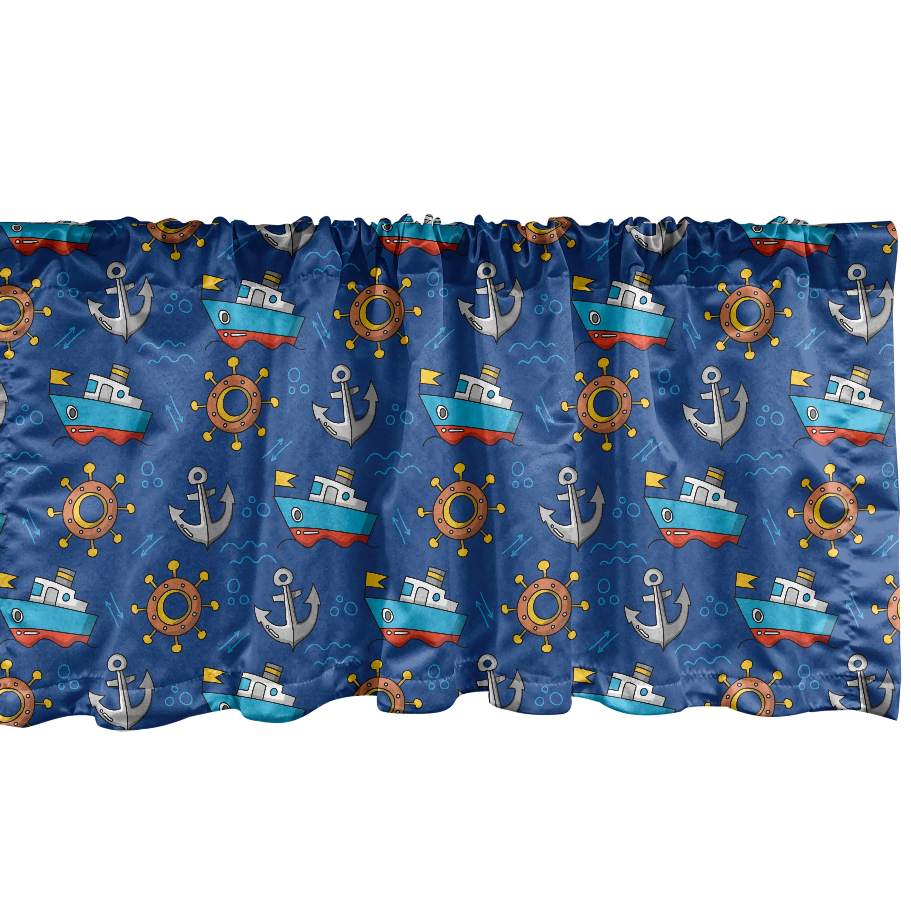 Nautical Window Valance, Cartoon of Ship Sailing in the Sea Anchor and ...