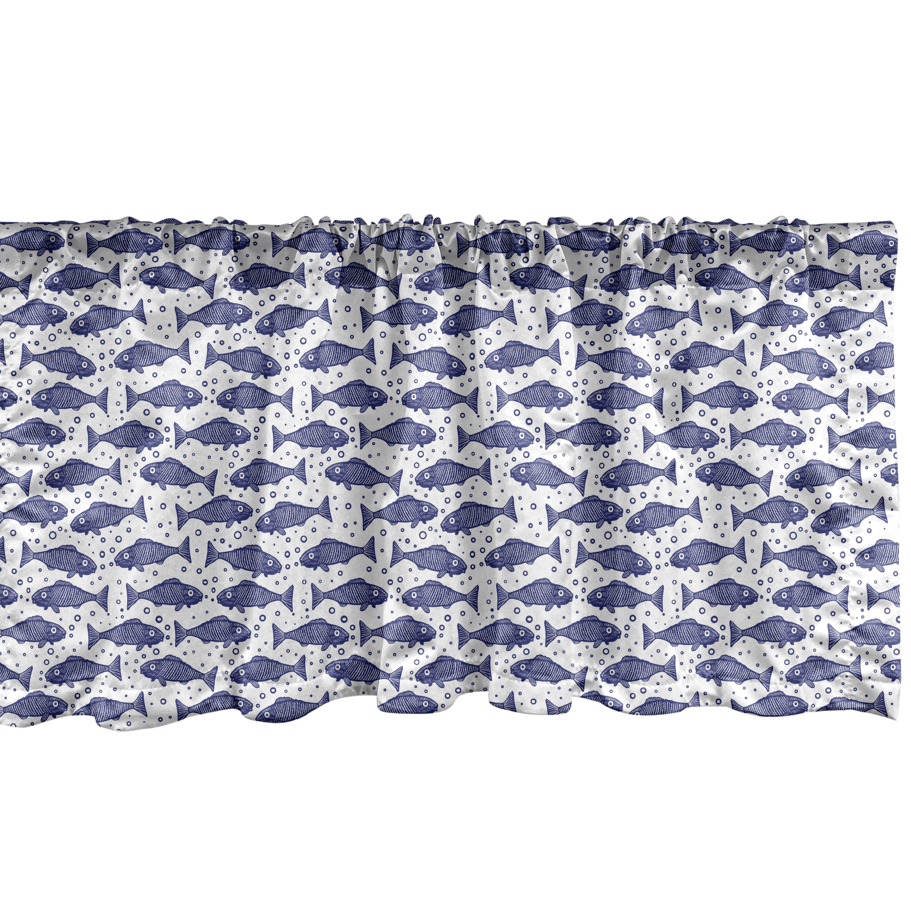 Nautical Window Valance, Monochrome Hand Drawn Hatched Style Fish ...