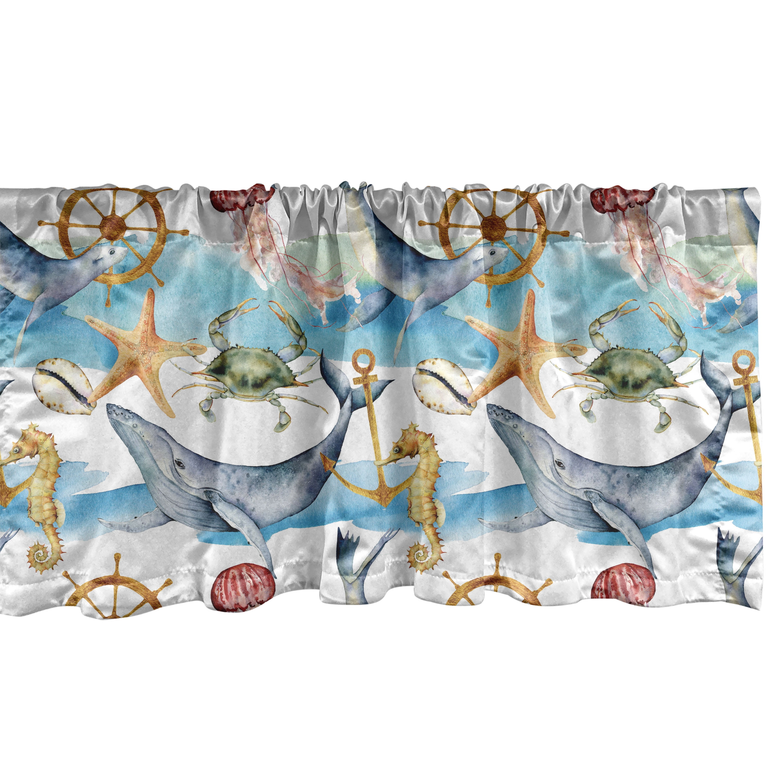 Nautical Window Valance, Ocean Animals Themed Whale Starfish Seafish ...
