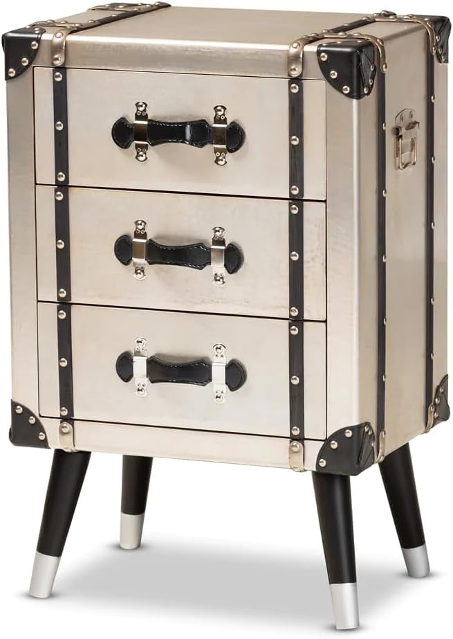 NauticalMart Aluminum Industrial Side Table 3 Drawer Aviator End Table ...
