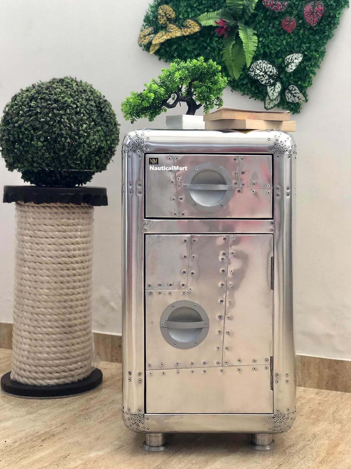 NauticalMart Alumnium Aviator Side Table with Door and Drawer Living ...