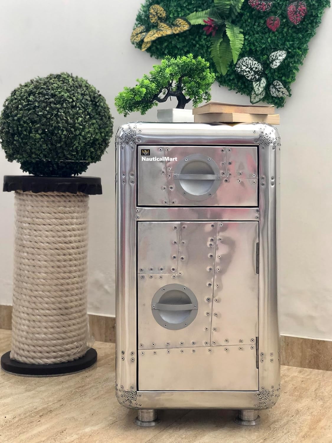 NauticalMart Alumnium Aviator Side Table with Door and Drawer Living ...