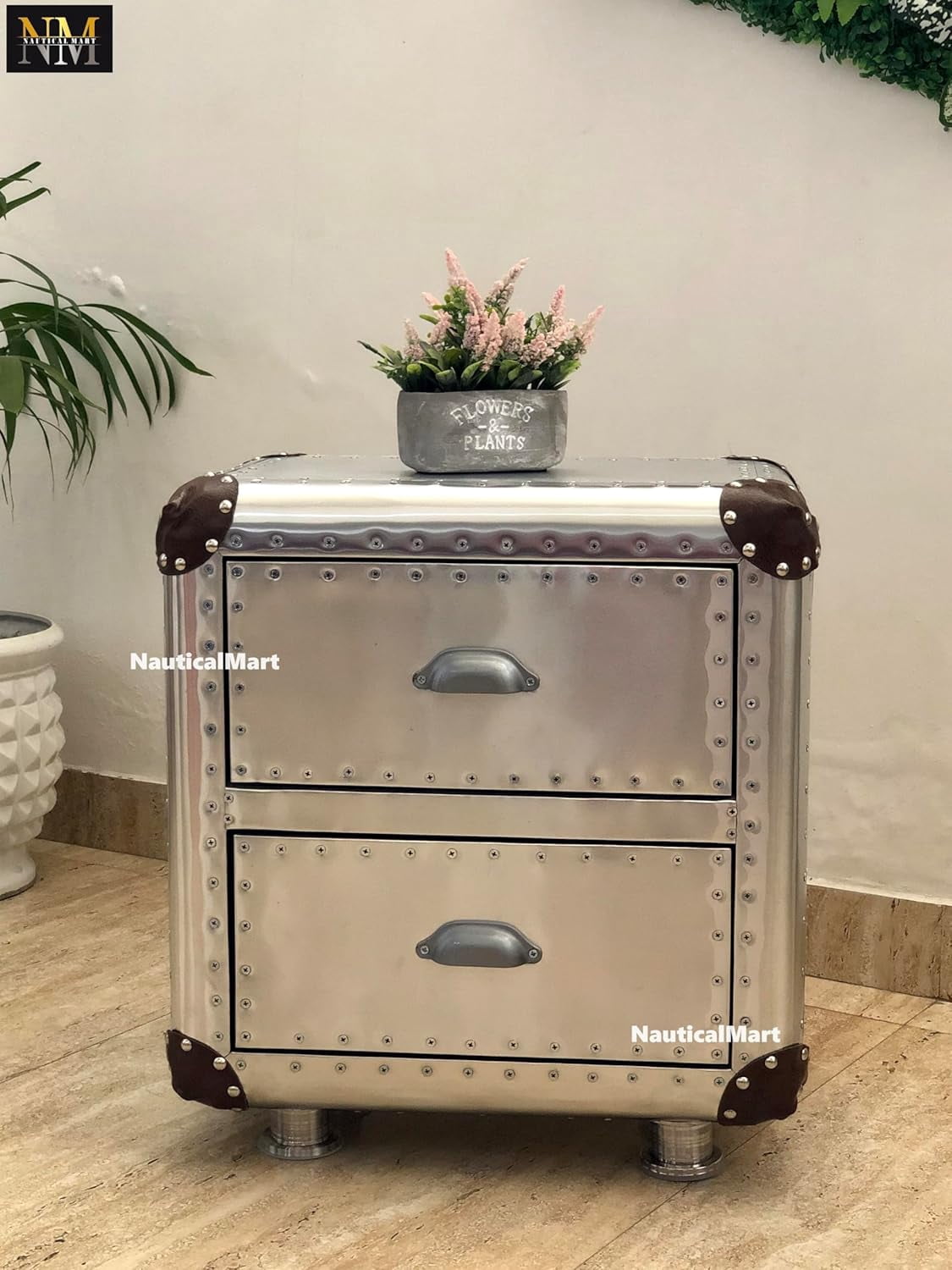 NauticalMart Aviator Aluminum and Leather Studded 2 Drawer Bedside ...