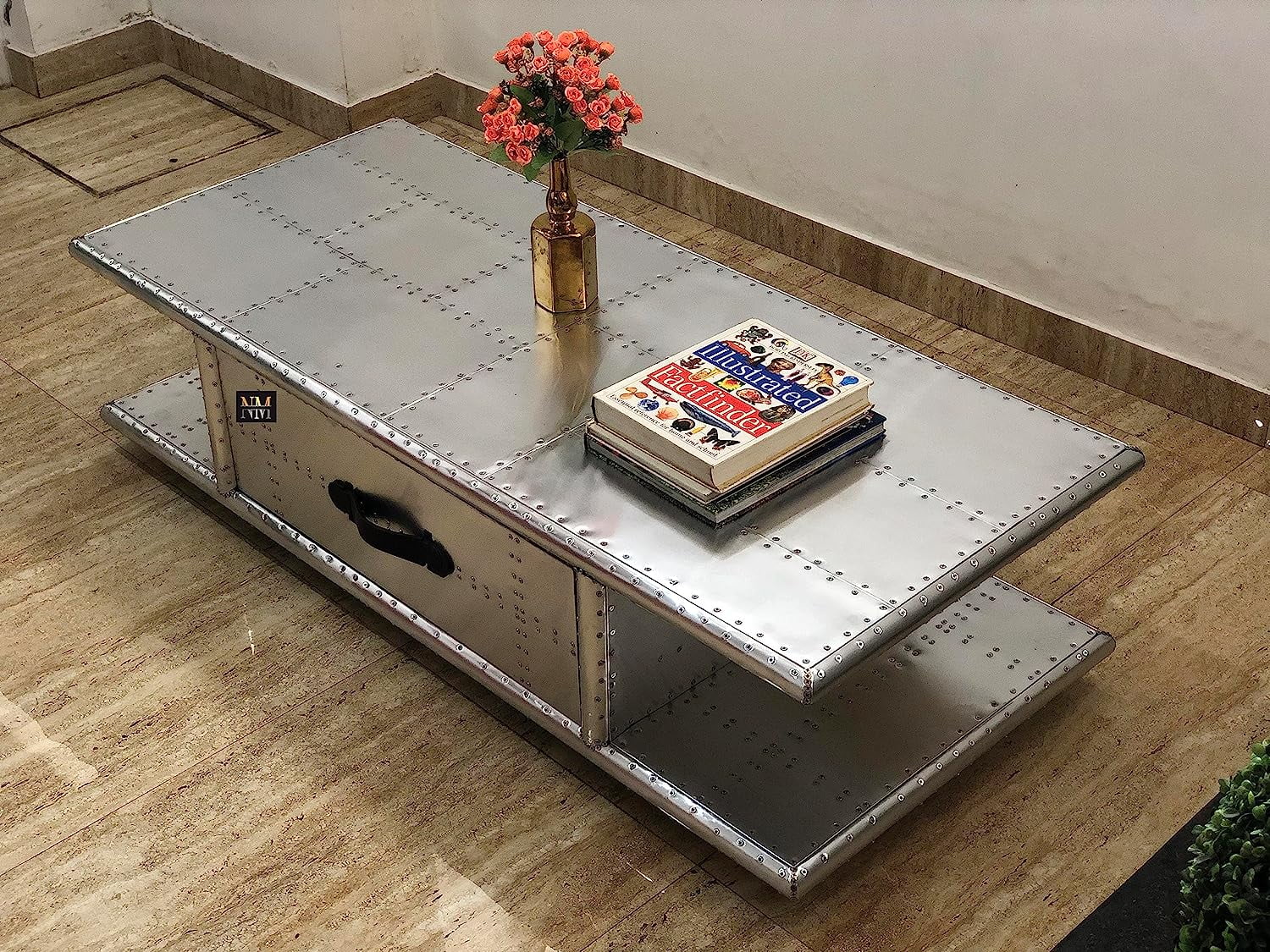 NauticalMart Aviator Coffee Table with Drawers Aluminum Rectangular ...