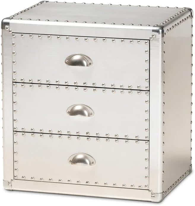 NauticalMart Aviator Side Table End Table Industrial Silver 3 Drawer ...