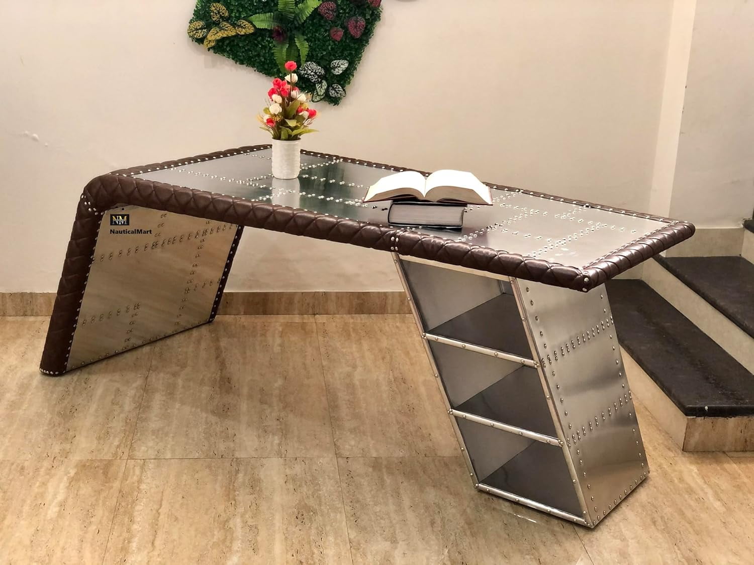 NauticalMart Aviator Wing Desk with Storage Aluminum and Leather Office ...