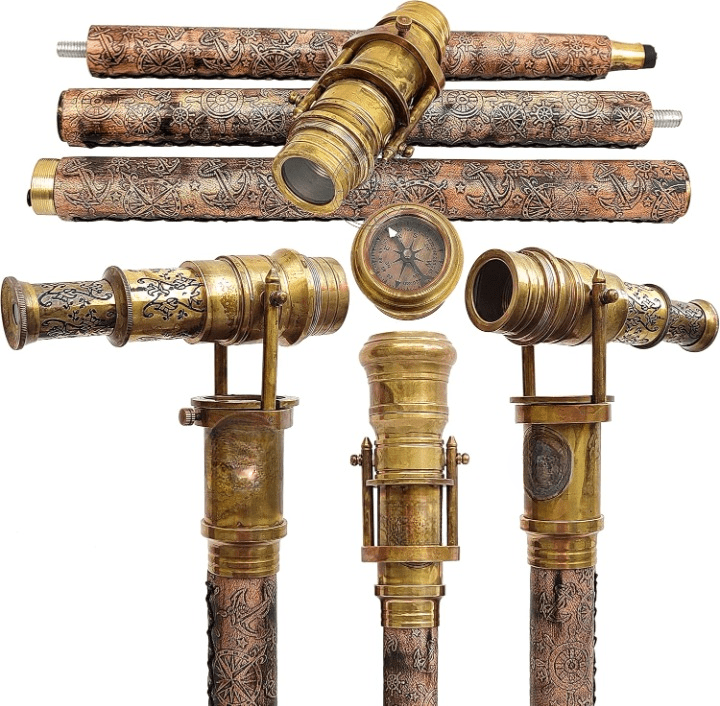 NauticalMart Handmade Leather Stiched Compass Top Cane with Hidden ...