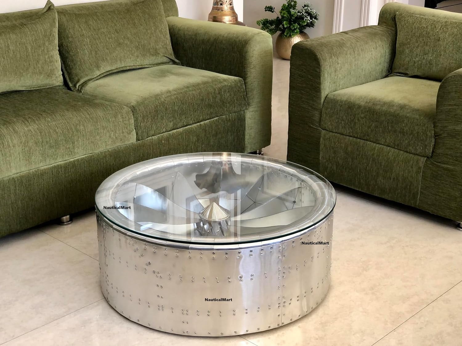 NauticalMart Wood Round Aviator Jet Engine Turbine Coffee Table ...