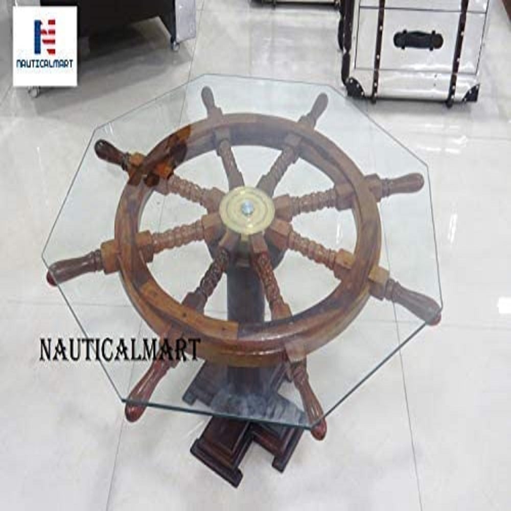 NauticalMart Wooden Ship Wheel Table - Nautical Decor- Vintage Ship ...
