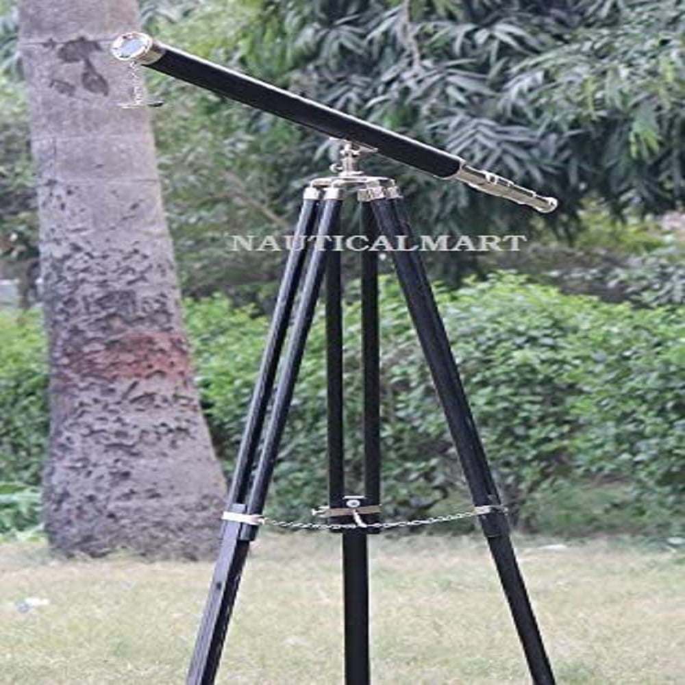 NauticalMart floor standing decor telescope black wooden stand nickel ...