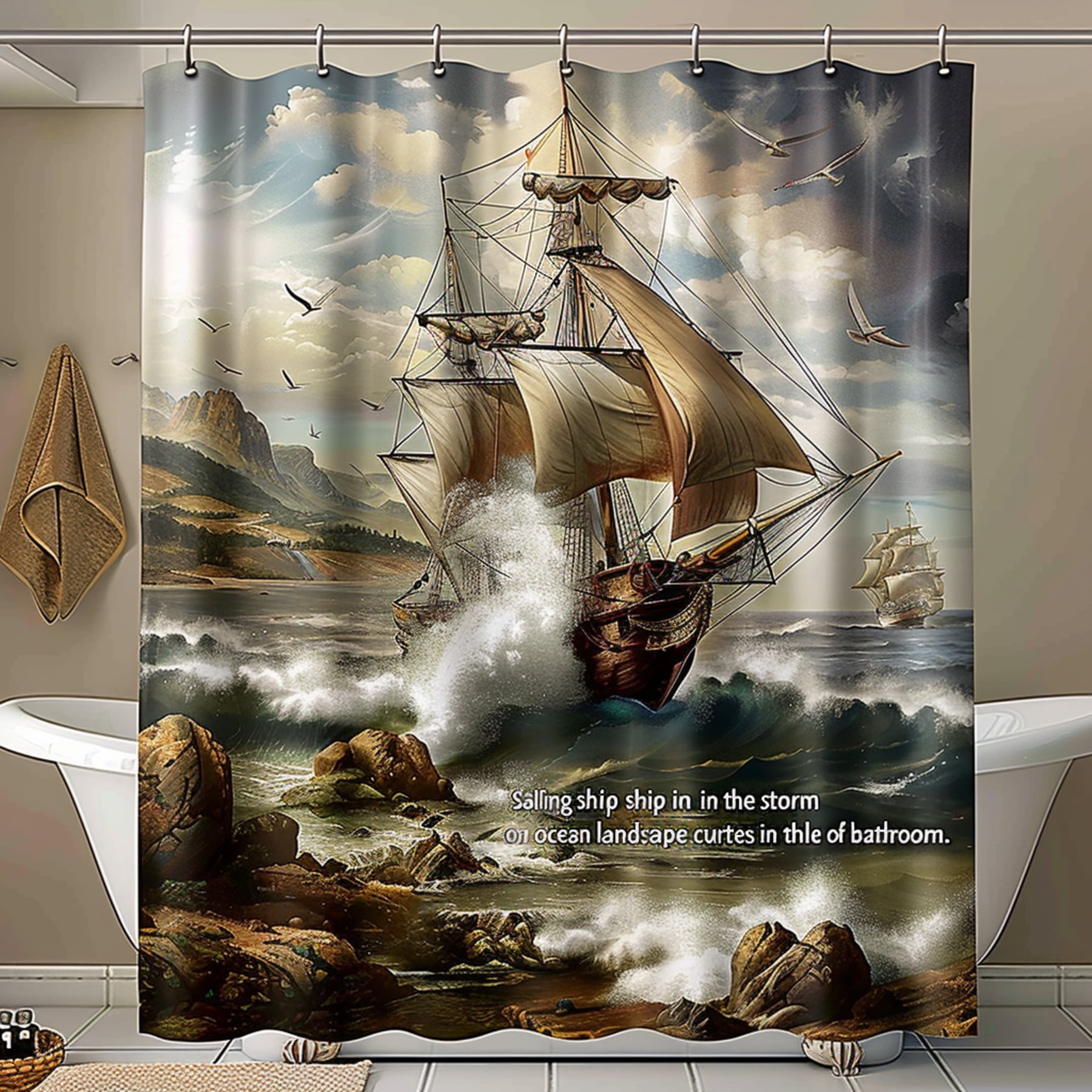 Nauticalthemed Shower Curtain Featuring A Sailing Ship In A Stormy