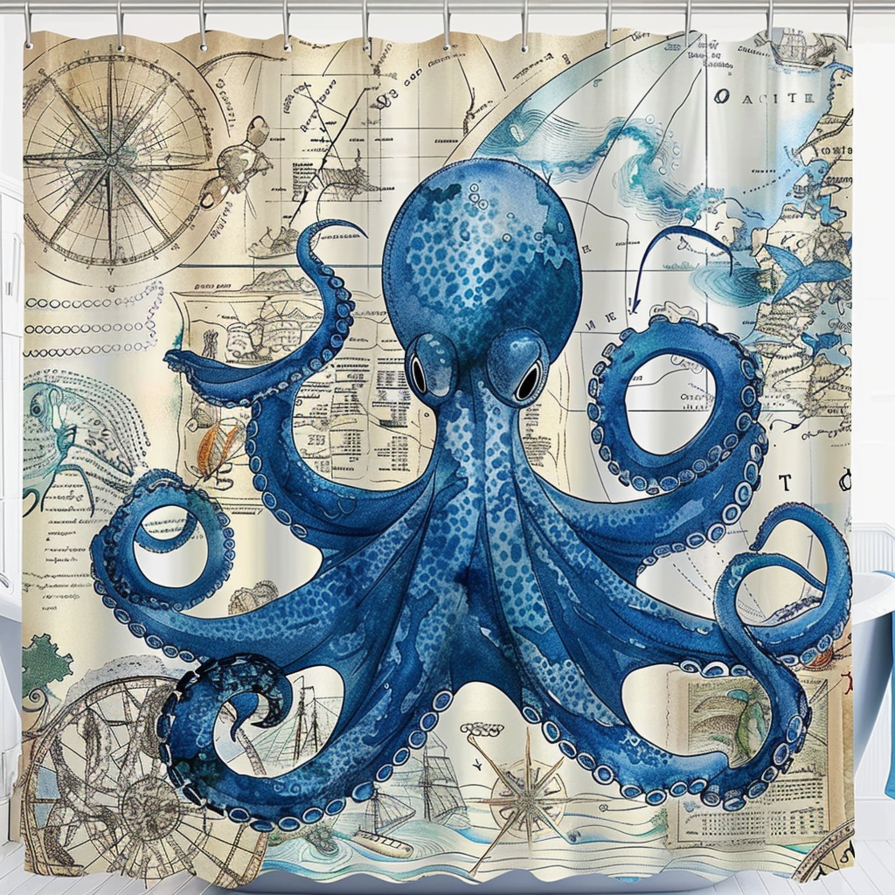 Nauticalthemed shower curtain featuring a blue octopus underwater map ...
