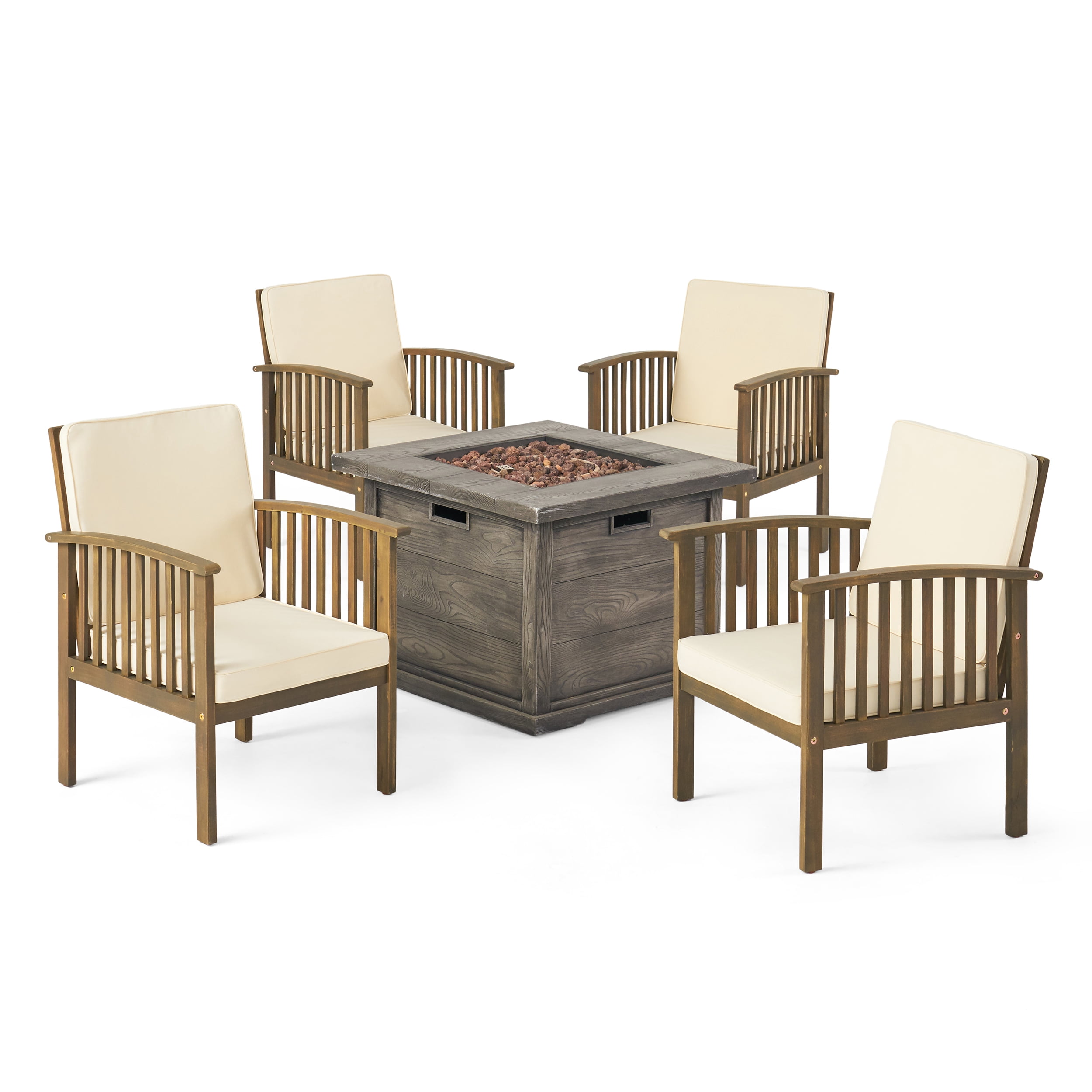 Navan Outdoor 4 Seater Acacia Wood Club Chairs With Firepit Gray And