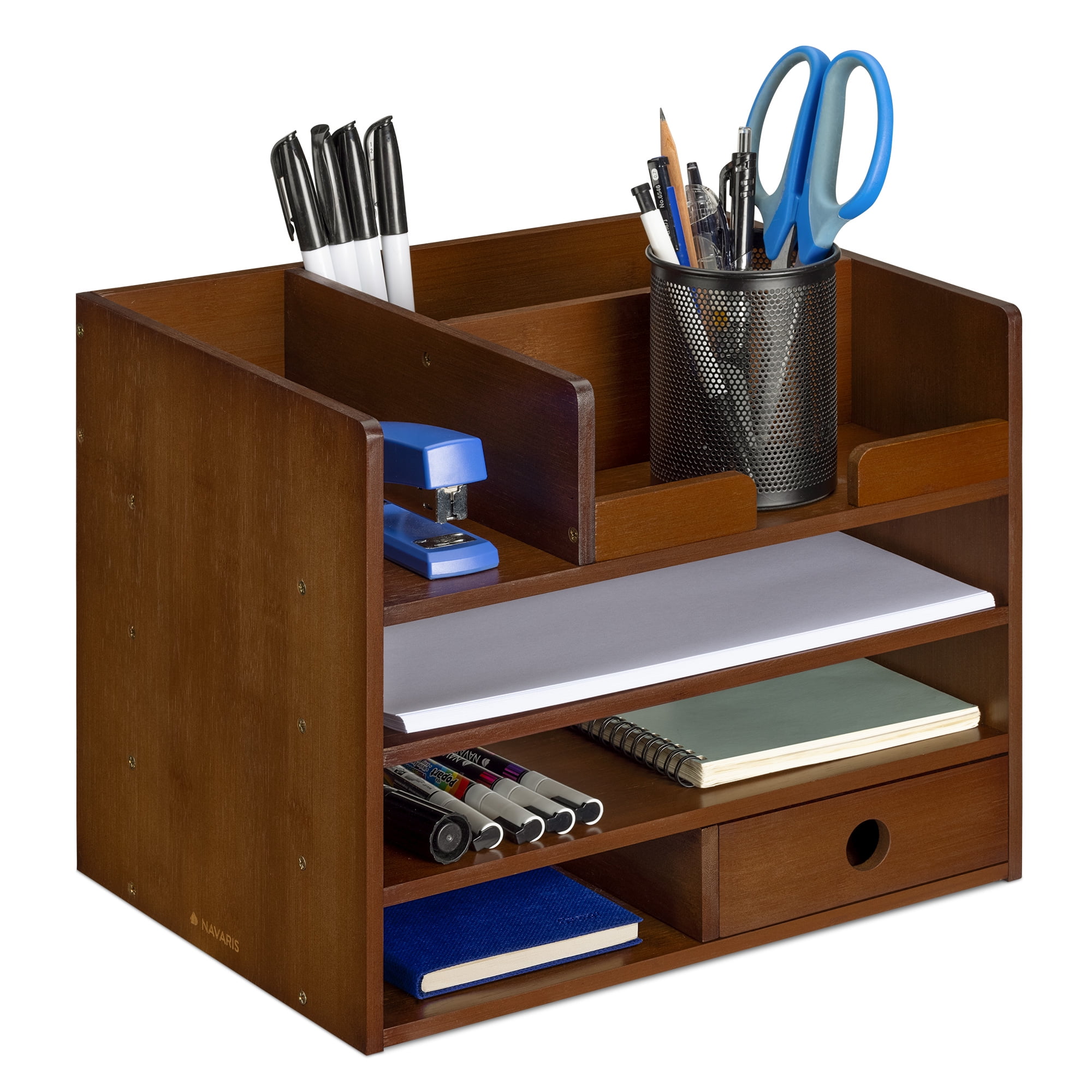 Navaris Bamboo Desk Organizer - Wood Desktop Storage Drawers and ...